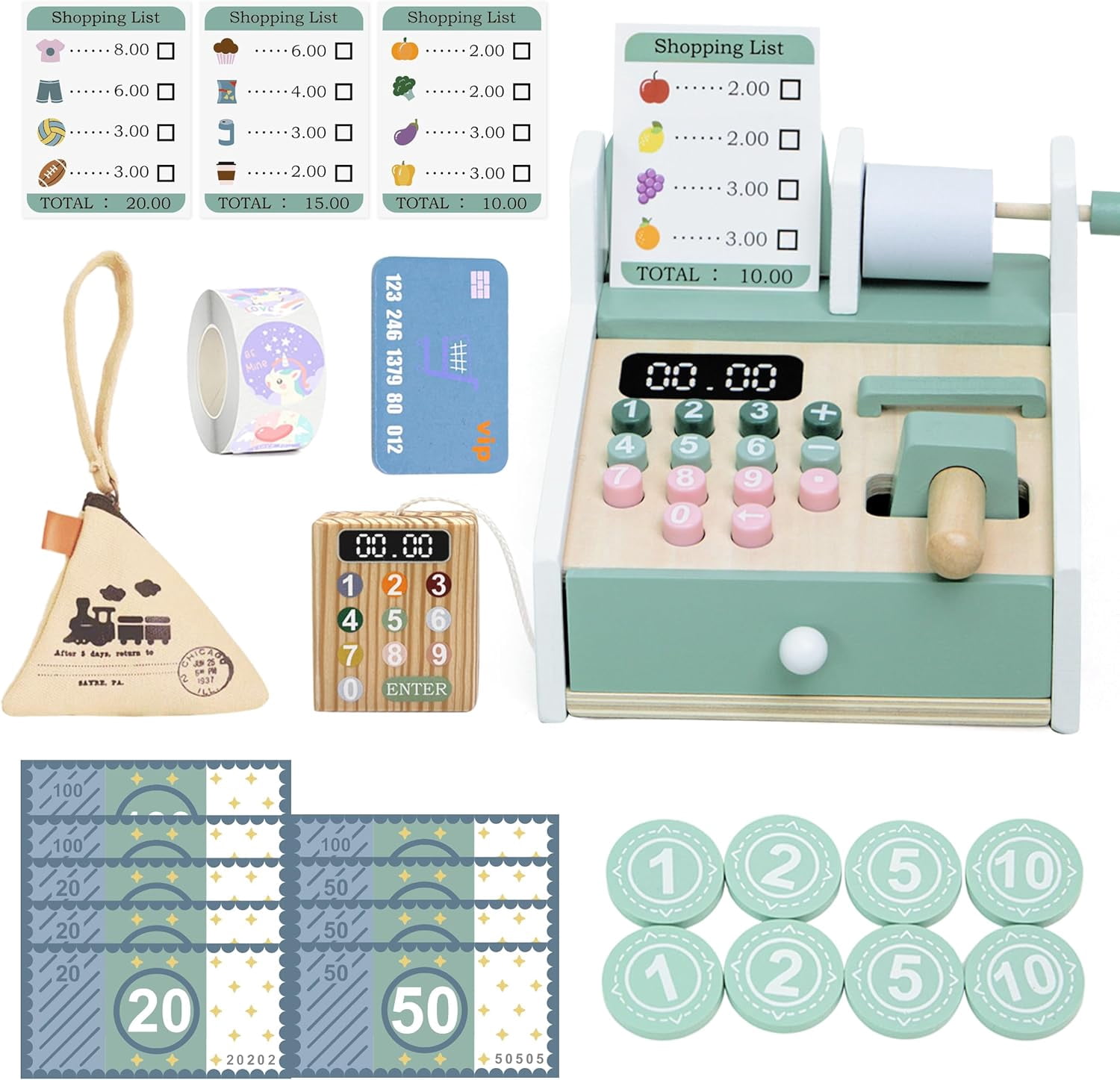 Wooden Cash Register for Kids, Pretend Play Money Counting Toy with ...