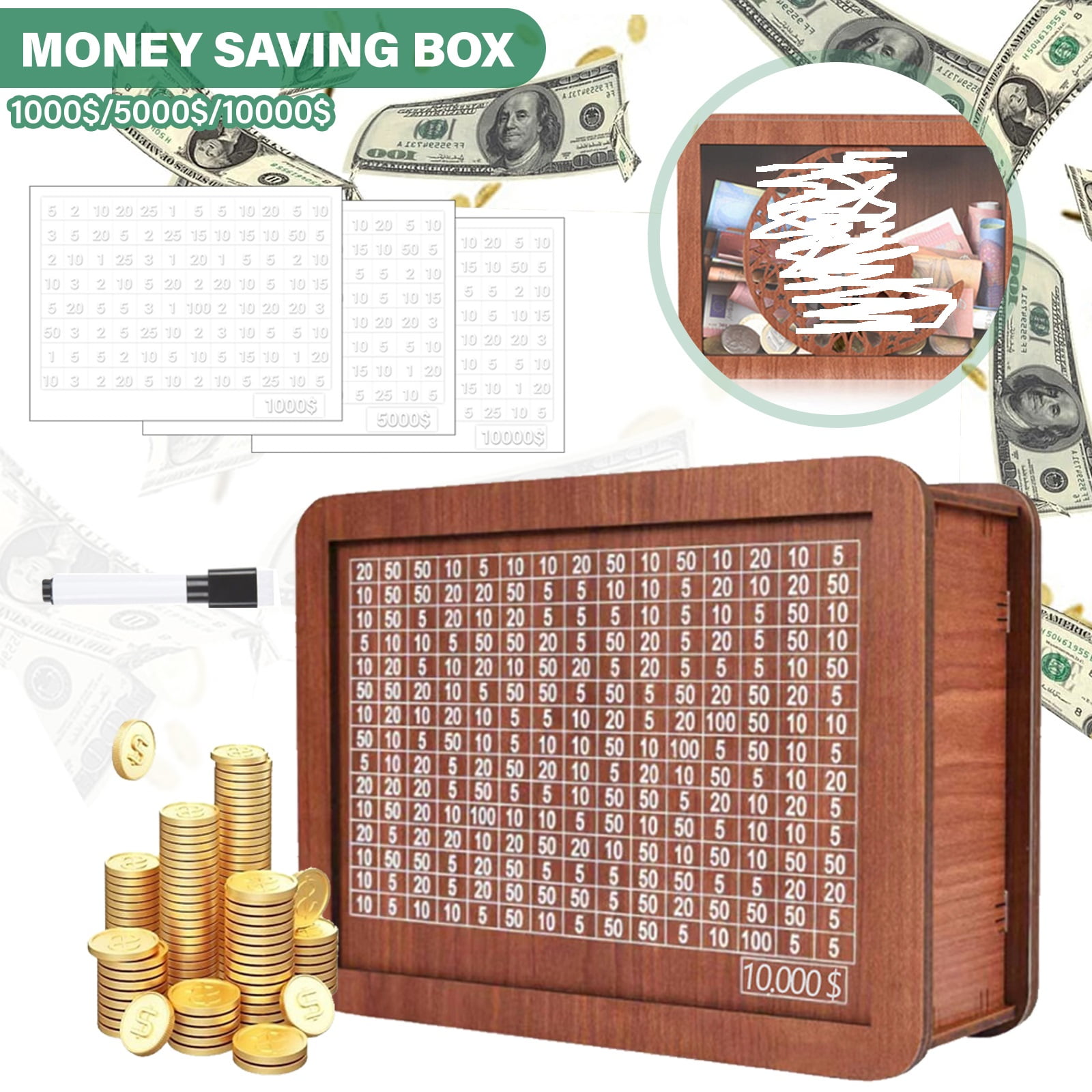 Wooden Cash Vault Savings Box - Money Saving Box with Countdown Timer ...
