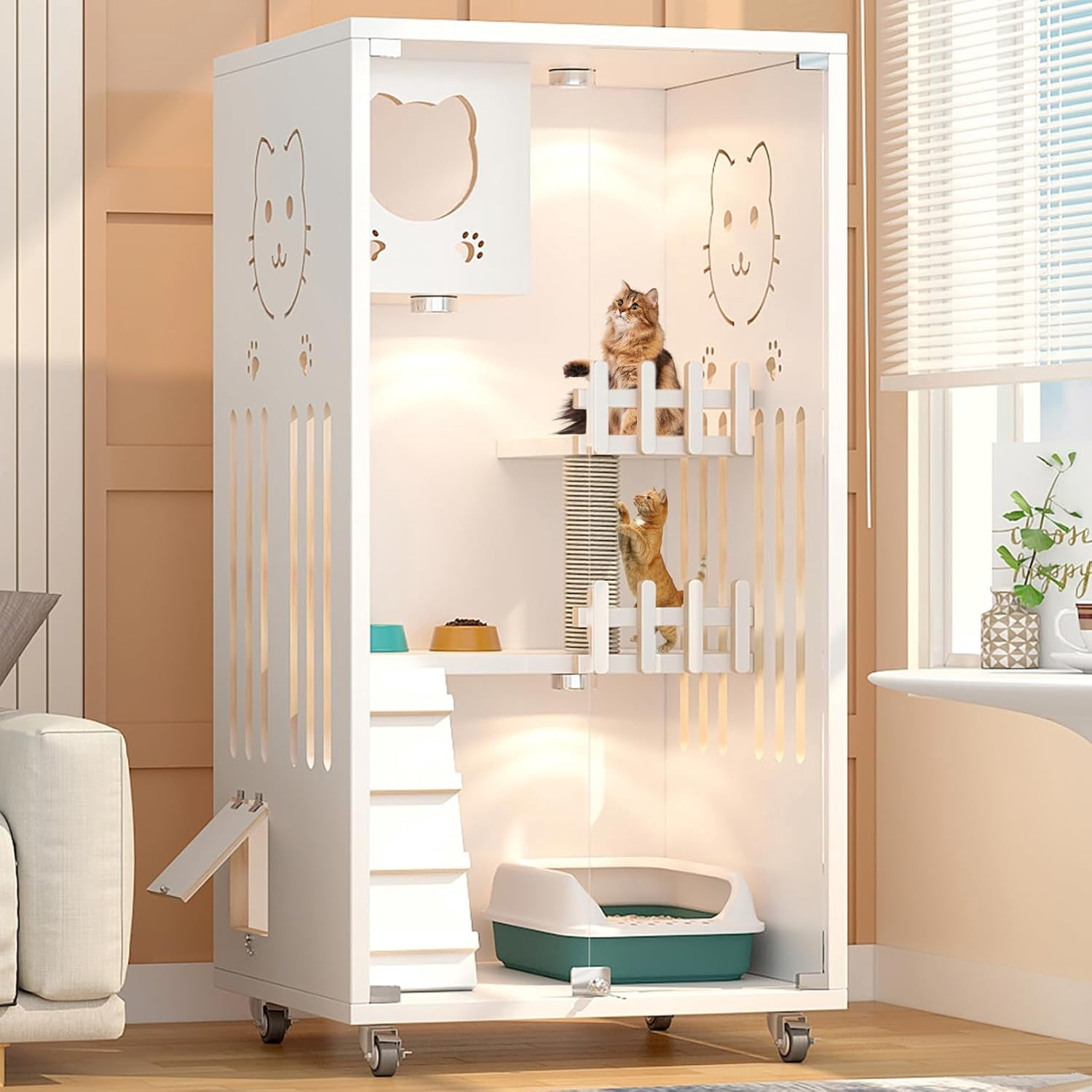 Wooden Cat Condo Enclosed Large Space Cat Cage with Scratching Post ...