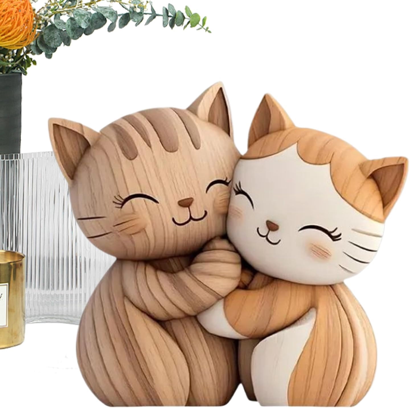 Wooden Cat Figurines Sculpture Statue Lovely Small Carved Orange Cat ...