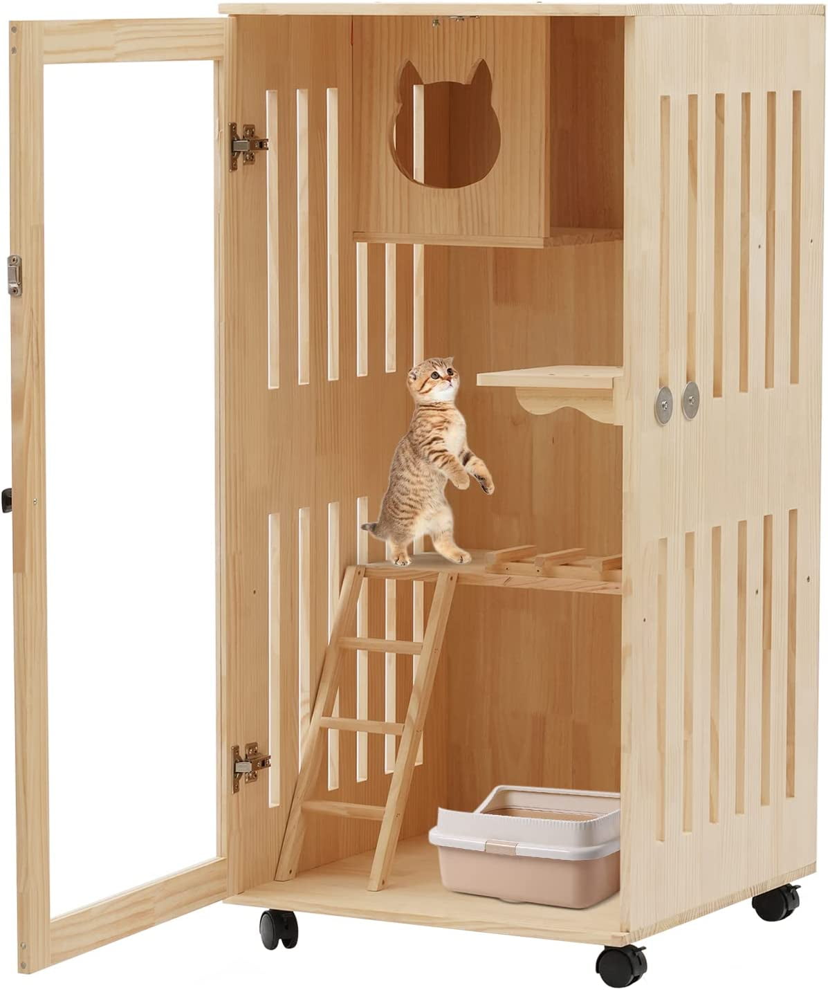 Wooden Cat House for Indoor Cats Large Cat Enclosure with Brake Wheels ...