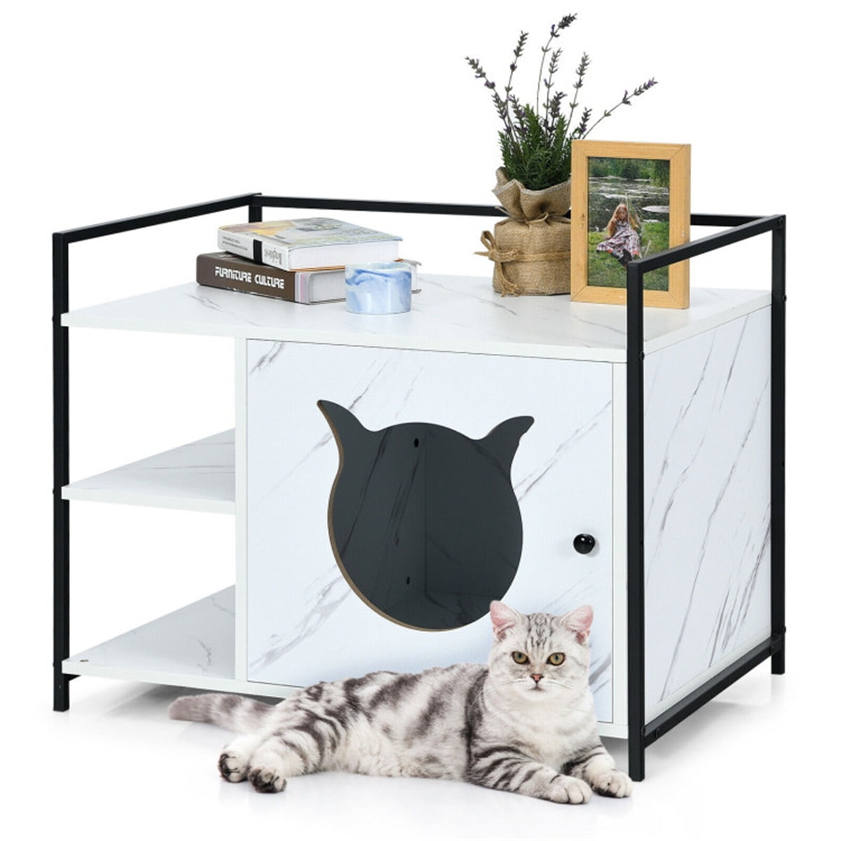 Wooden Cat Litter Box Cat House With 2-layer Storage Rack Living Room ...