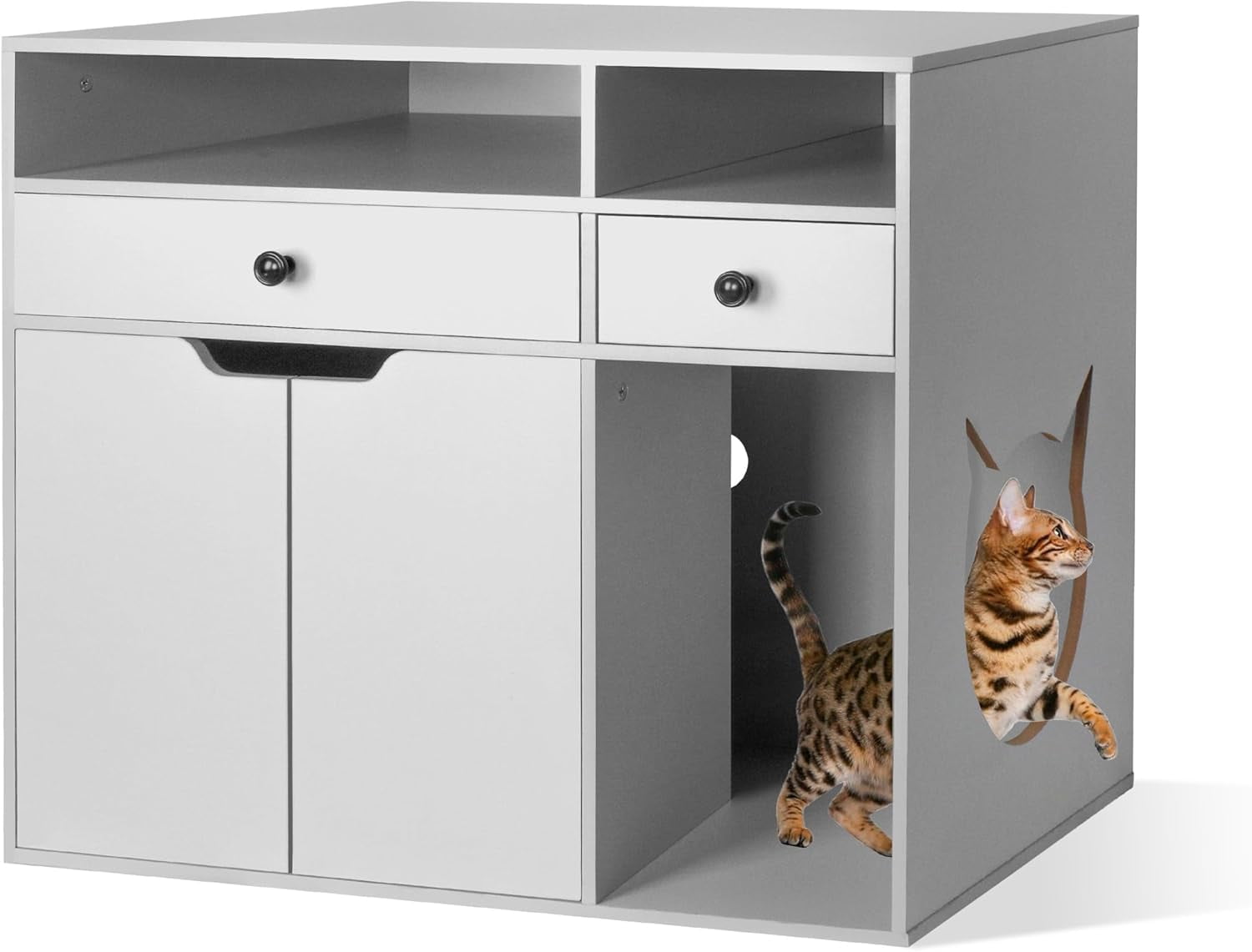 Wooden Cat Litter Box Enclosure, Hidden Litter Box Furniture Enclosed ...