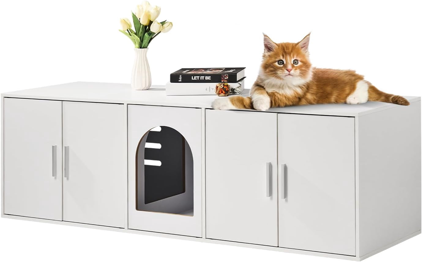 Wooden Cat Litter Box Enclosure for Two Cats, Hidden Double Room Design ...