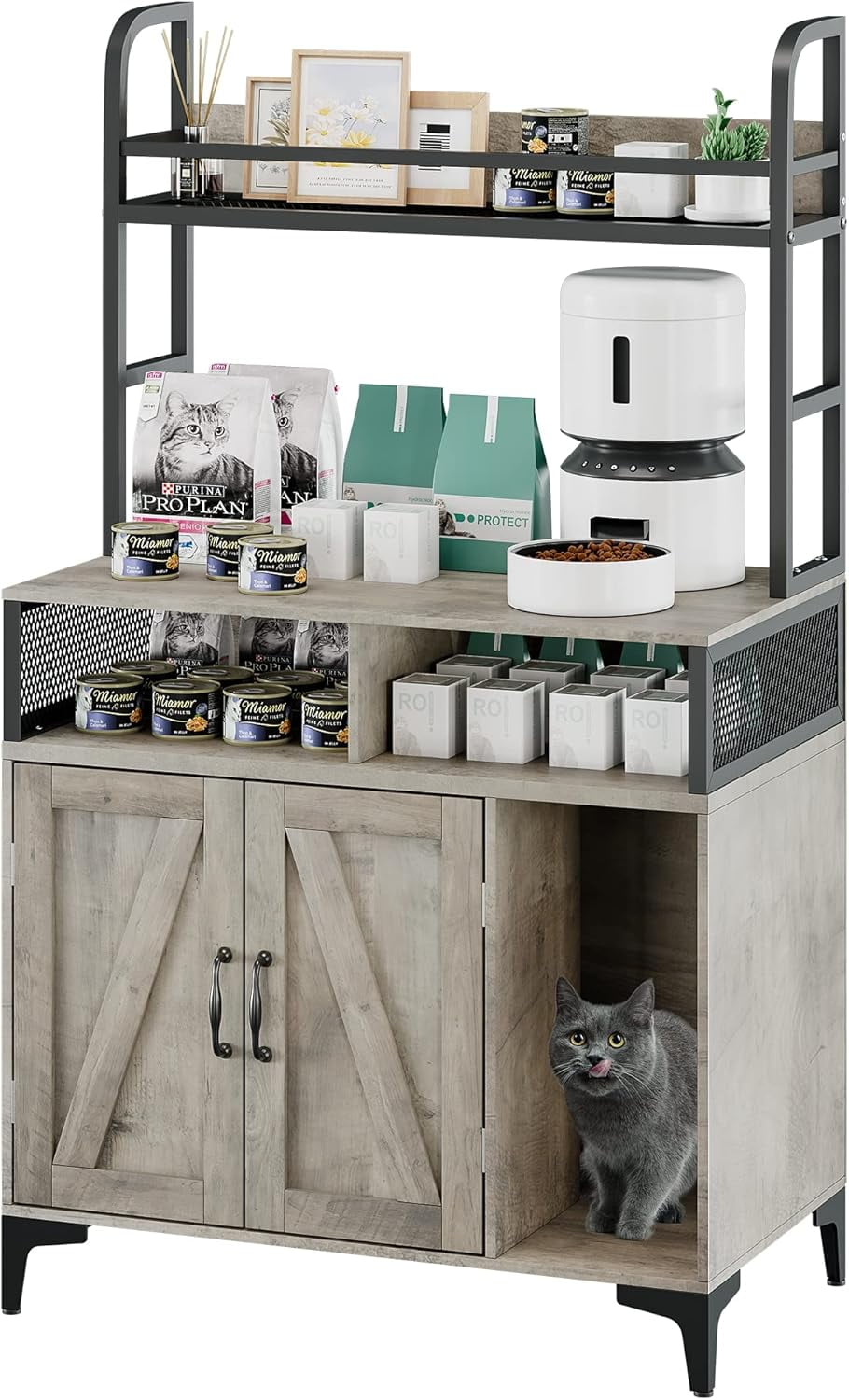 Wooden Cat Litter Box Enclosure with Shelves, Doors, and Scratch ...