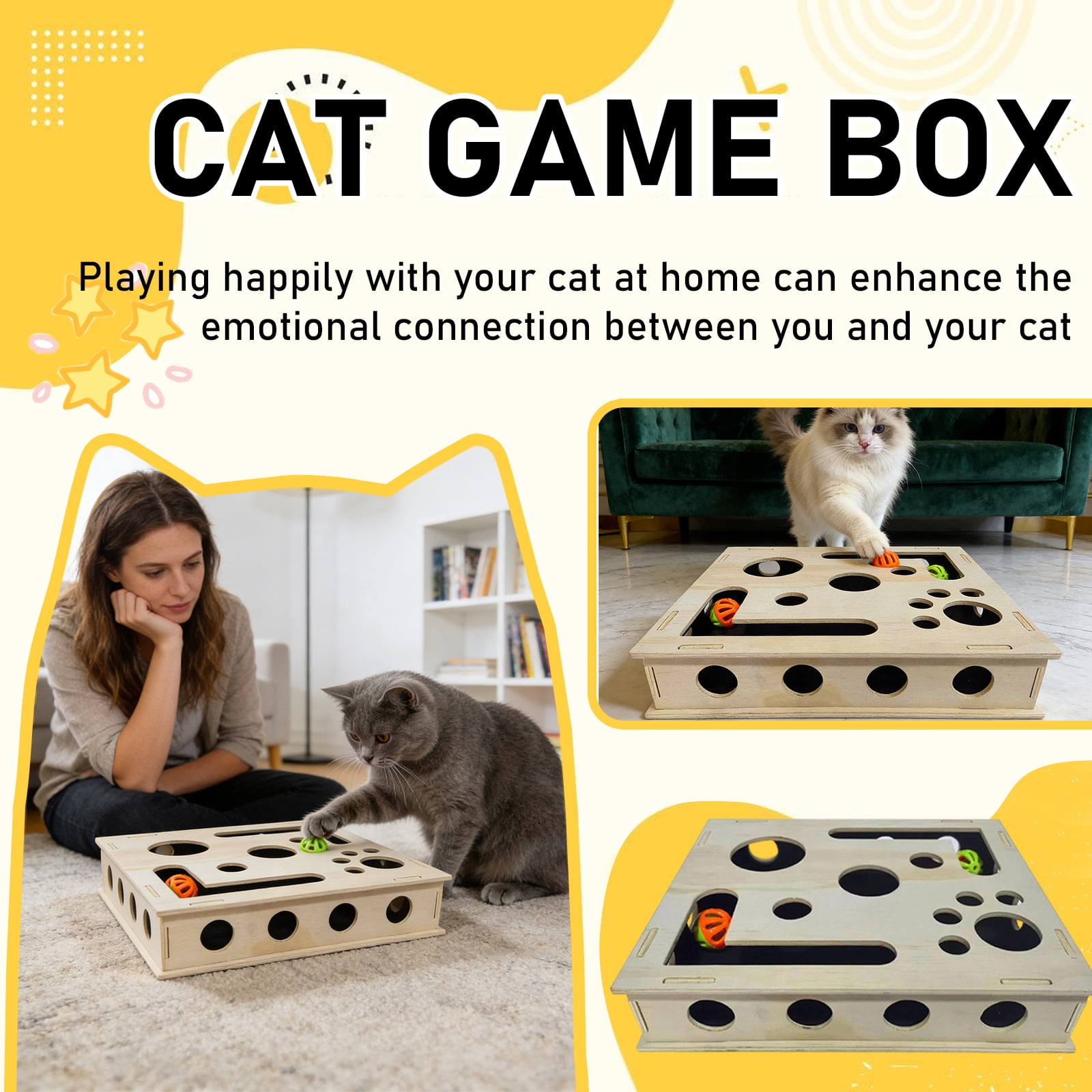 Wooden Cat Puzzle Box, ‘Maze’ Design with 3 Balls, Mental Stimulation ...