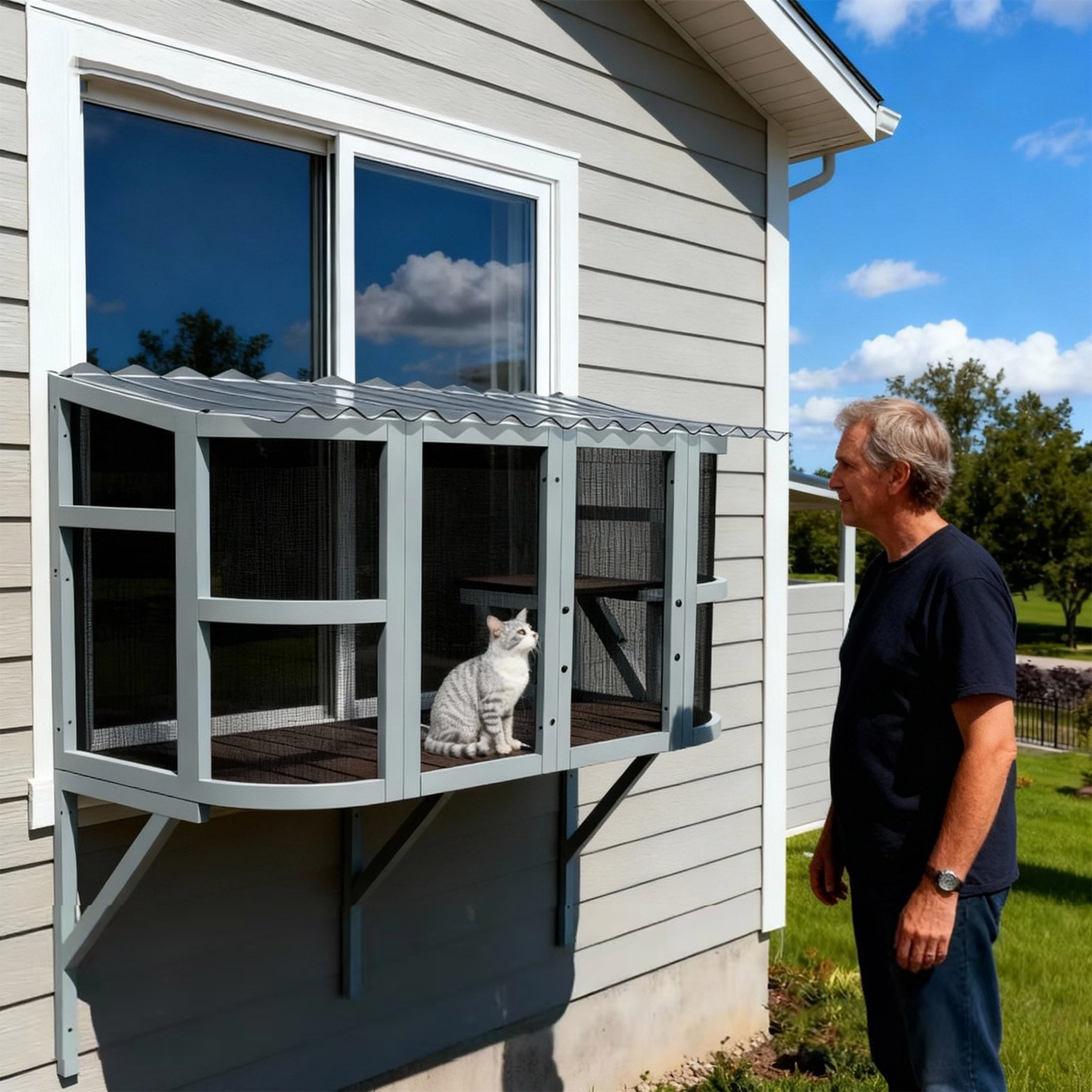 Wooden Cat Window Perch with Metal Mesh,All Weather Use Catio for ...