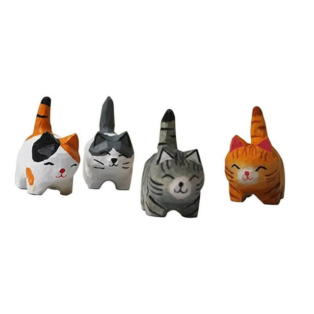 Wooden Cats Figurines Sculpture Statue Lovely Small Carved Orange Cats ...