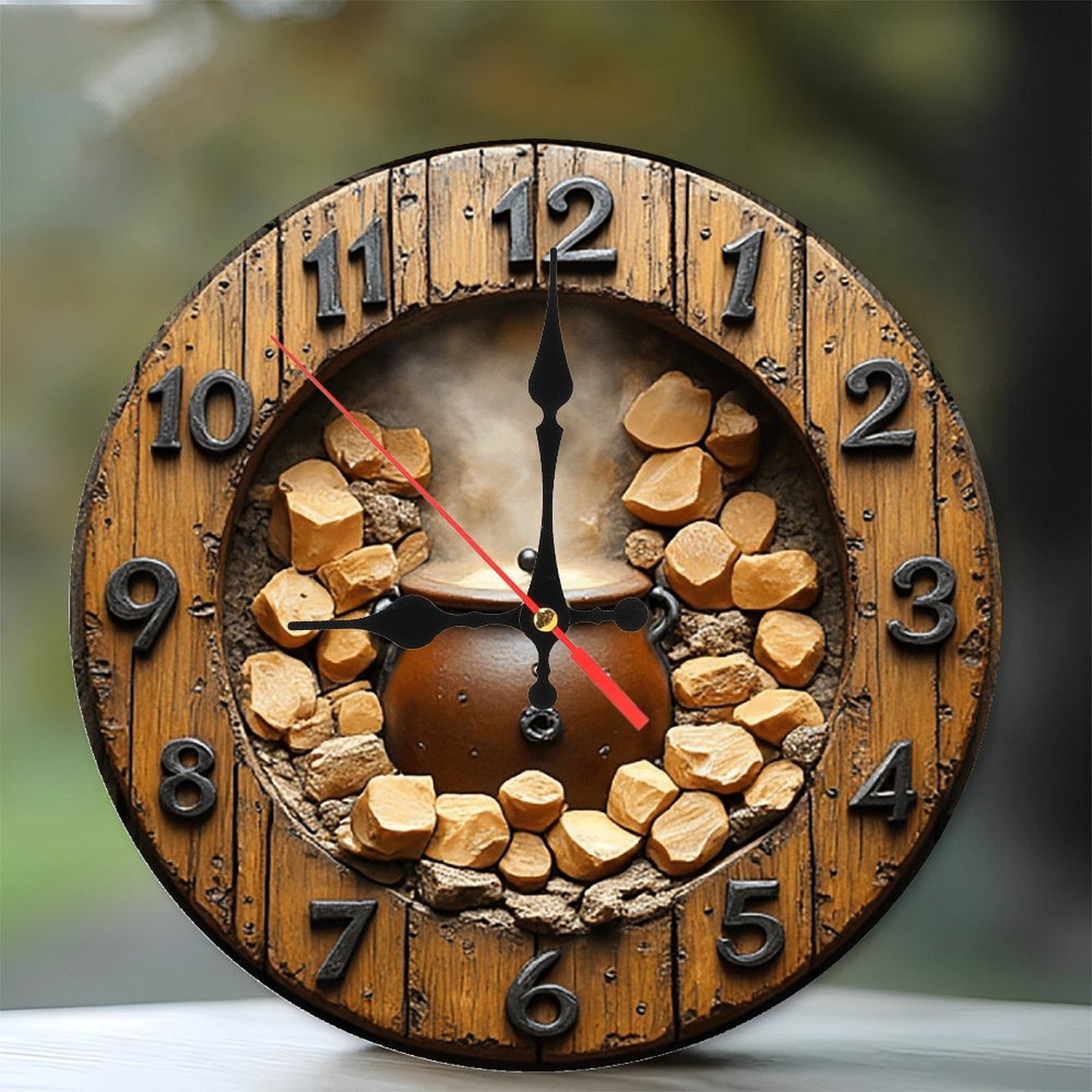 Wooden Cauldron Fireplace Clock Wall Decor 10-Inch Silent Wooden Wall ...