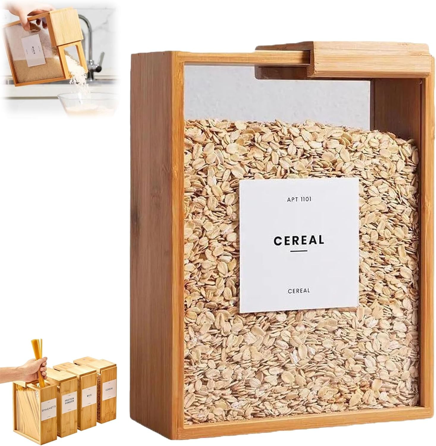 Wooden Cereal Storage Box, Airtight Pantry Bins Container with Lids ...