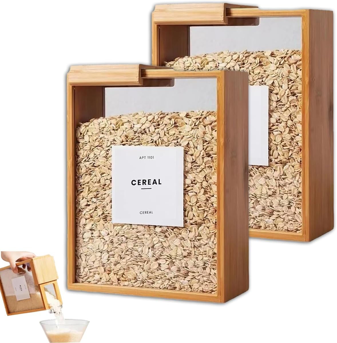 Wooden Cereal Storage Box, Wood Acrylic Rice Dispense, Clear ...