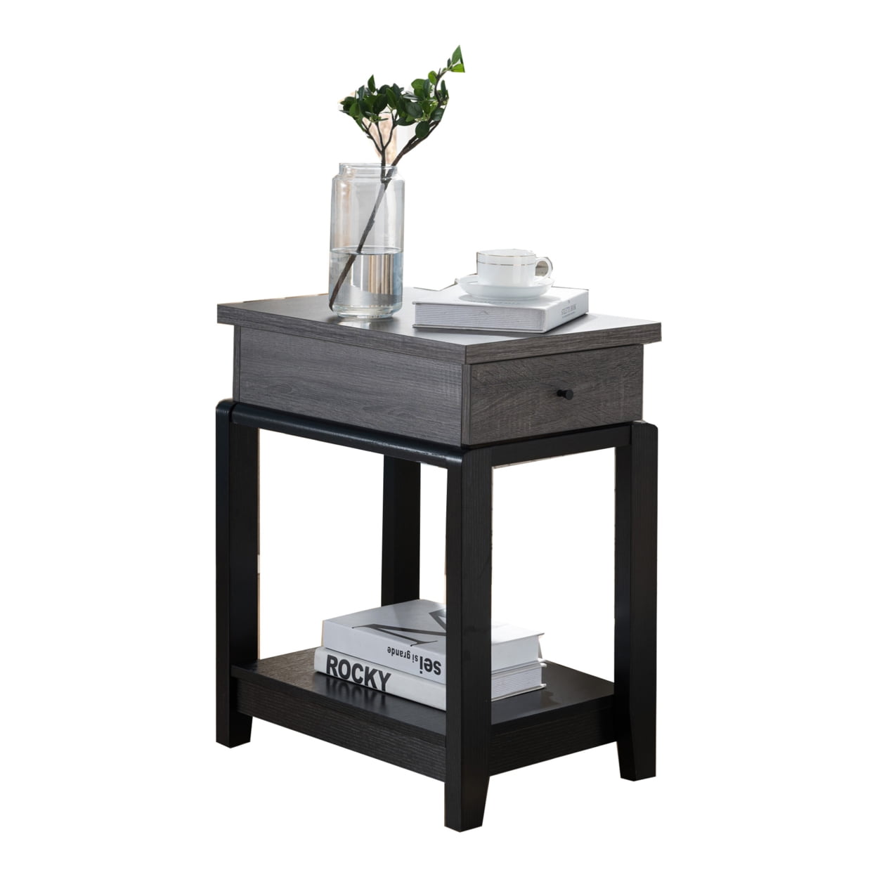 Wooden Chairside Table With Bottom Shelf Distressed Gray And Black ...