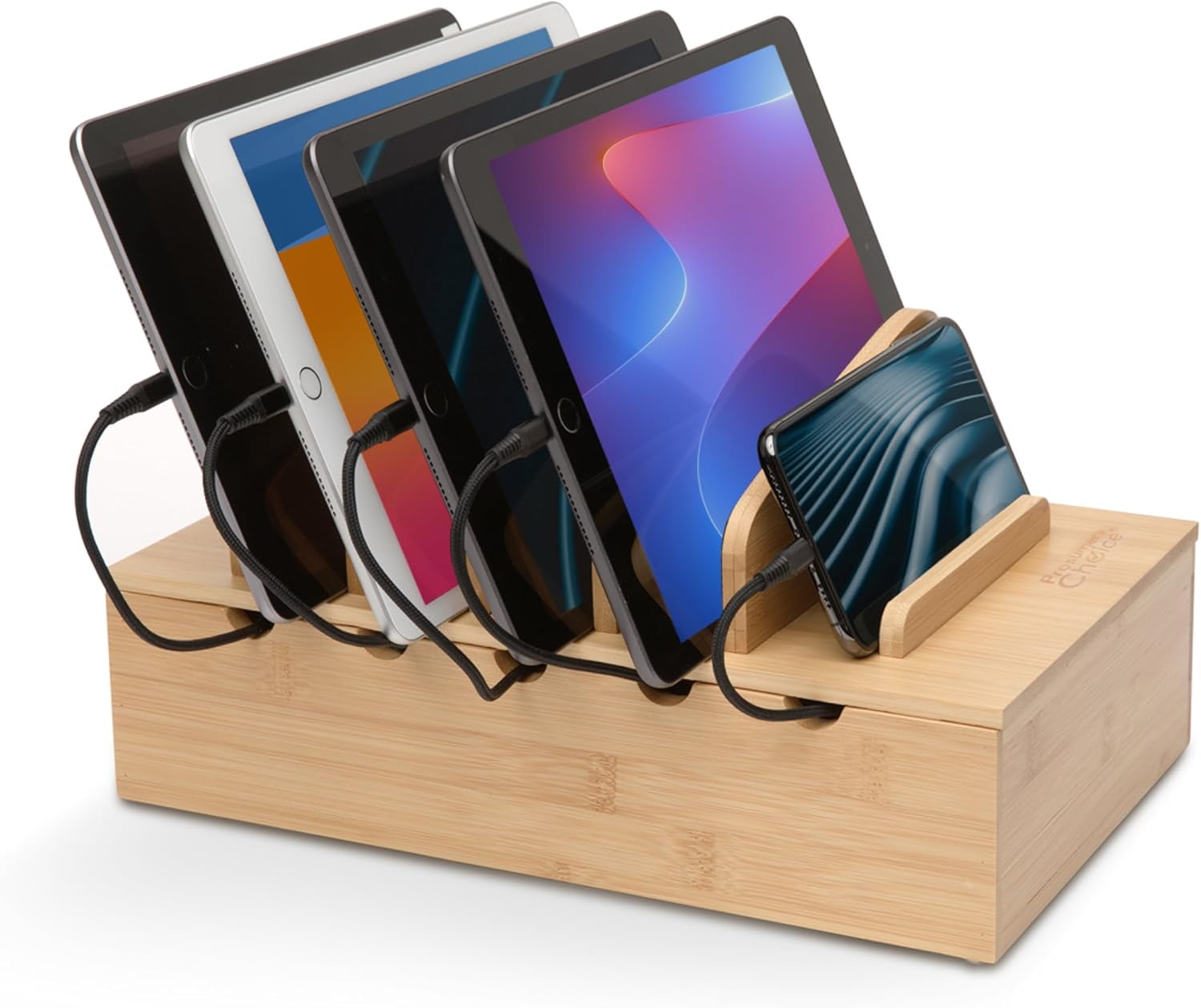 Wooden Charging Station Organizer - 5-Port Base for Phones, Tablets and ...