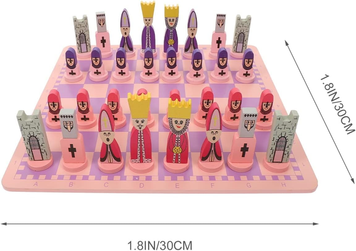 Wooden Chess Set, 11.8 Inch Cartoon Travel Chess Set Pink Chess Board ...