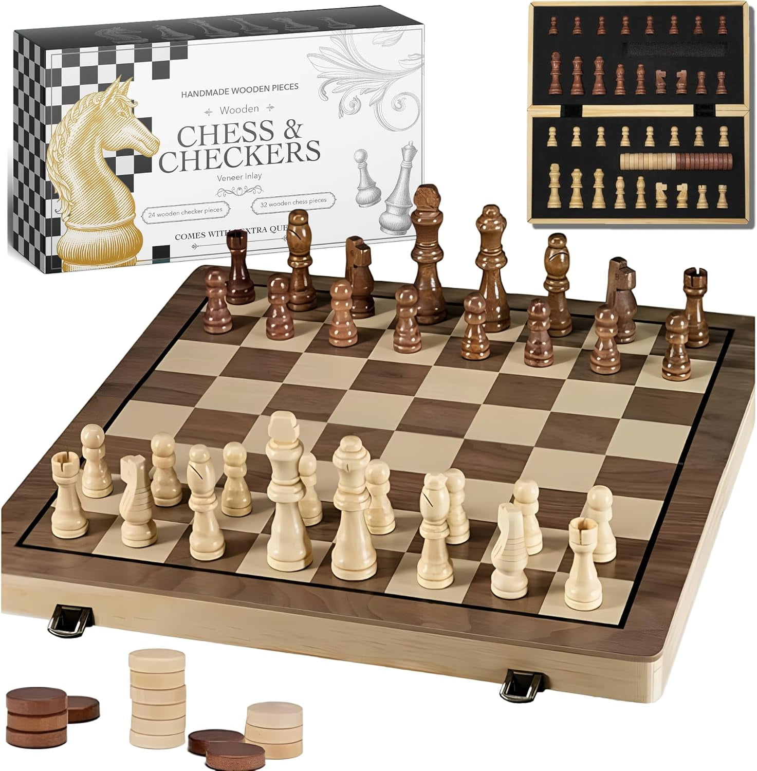Wooden Chess Set 15'' & Checkers Board Games for All Players with 2 ...