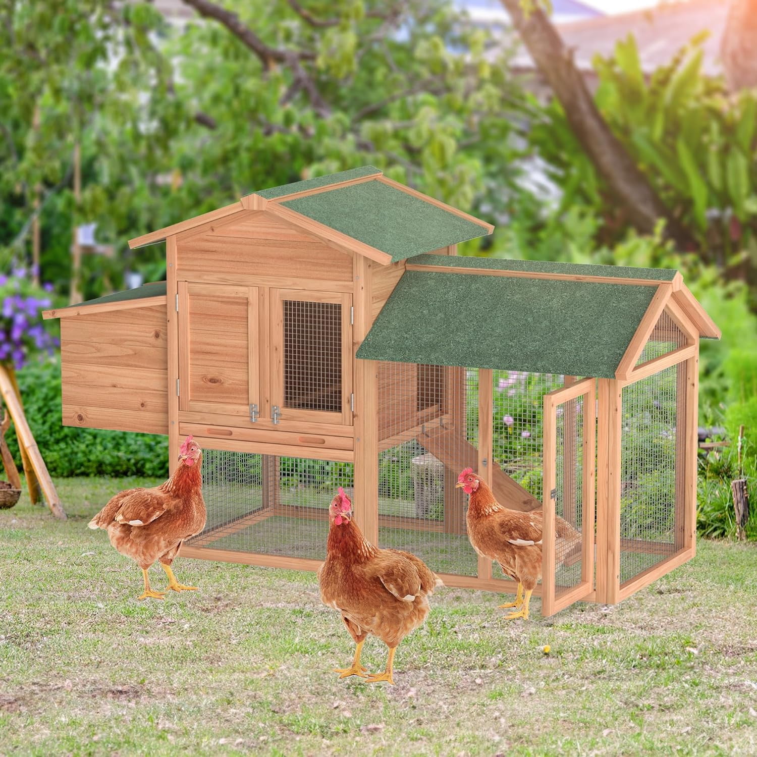 GOJOOASIS Wooden Chicken Coop, 67in Large Chicken Run with Pull Out ...