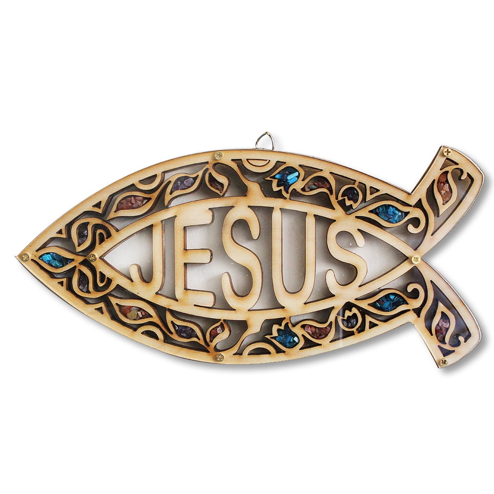 Wooden Christianity Jesus Ichthys Fish Wall Decor with Simulated ...