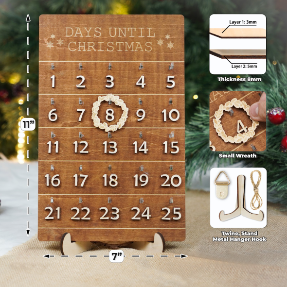 Wooden Christmas Countdown Hanging Sign with Wreath Marker, Rustic ...