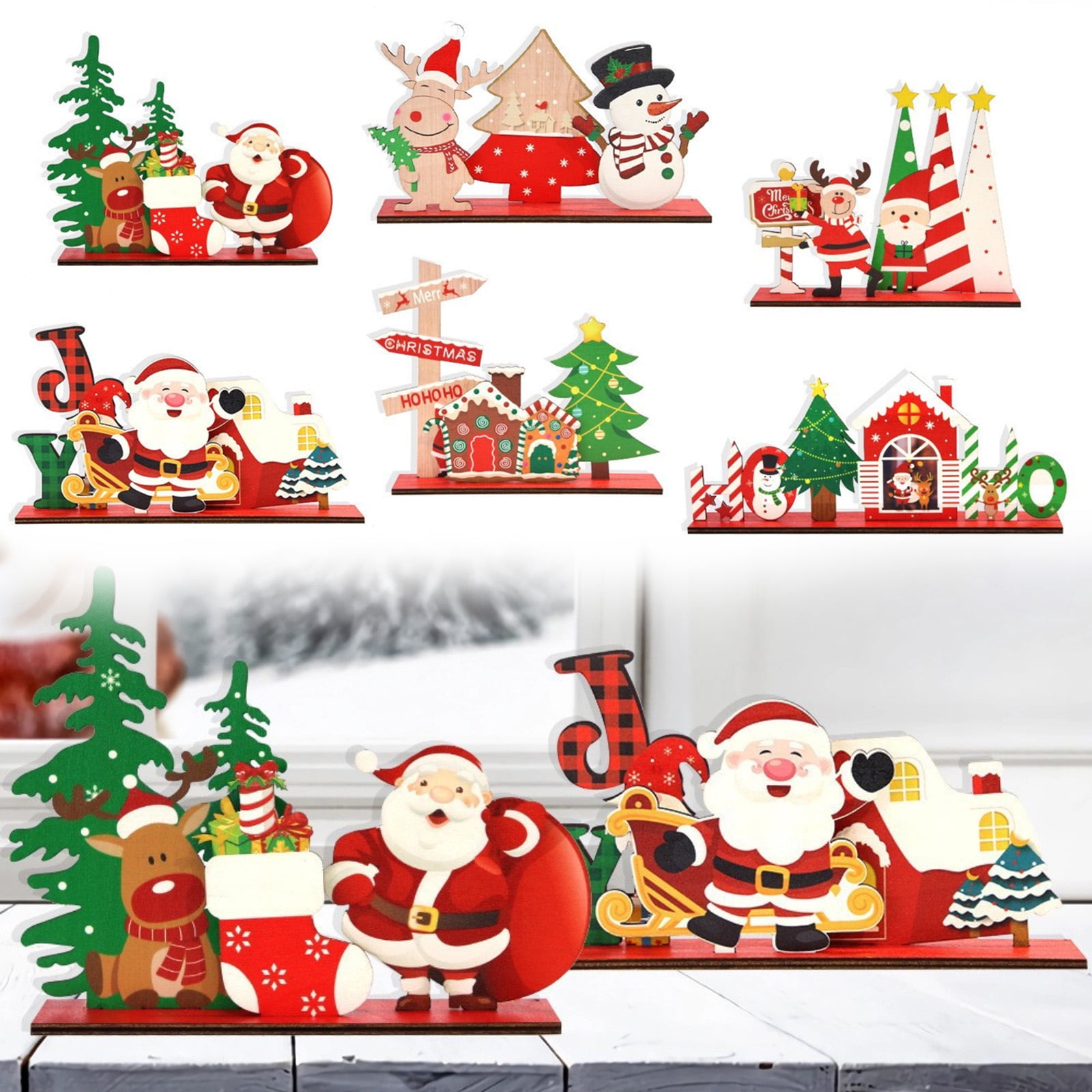 Wooden Christmas Desktop Decoration Set With Santa Reindeer & Tree ...