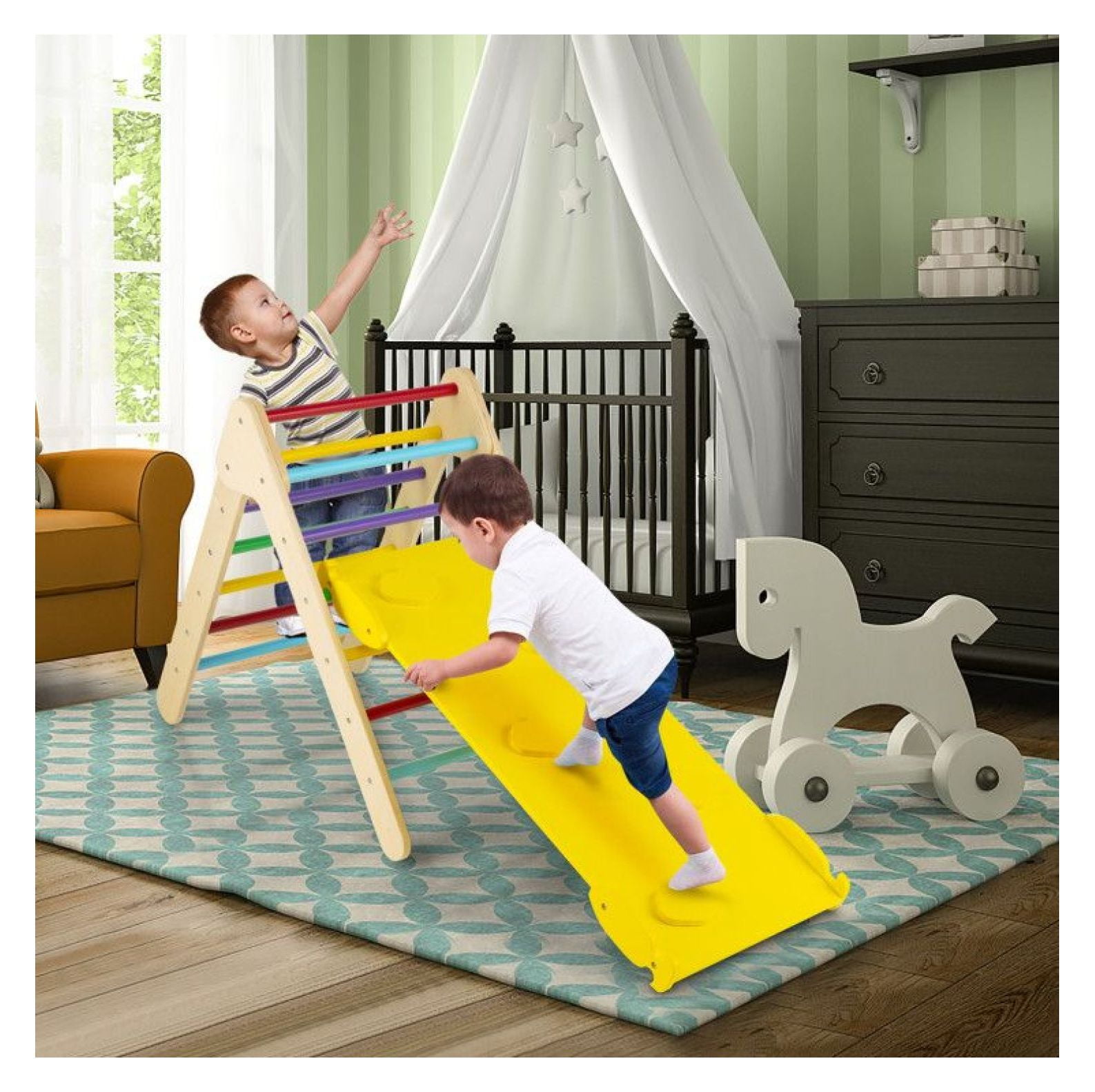 Wooden Climbing Triangle Set, 3-in-1 Triangle Climber with Ramp & Slide ...
