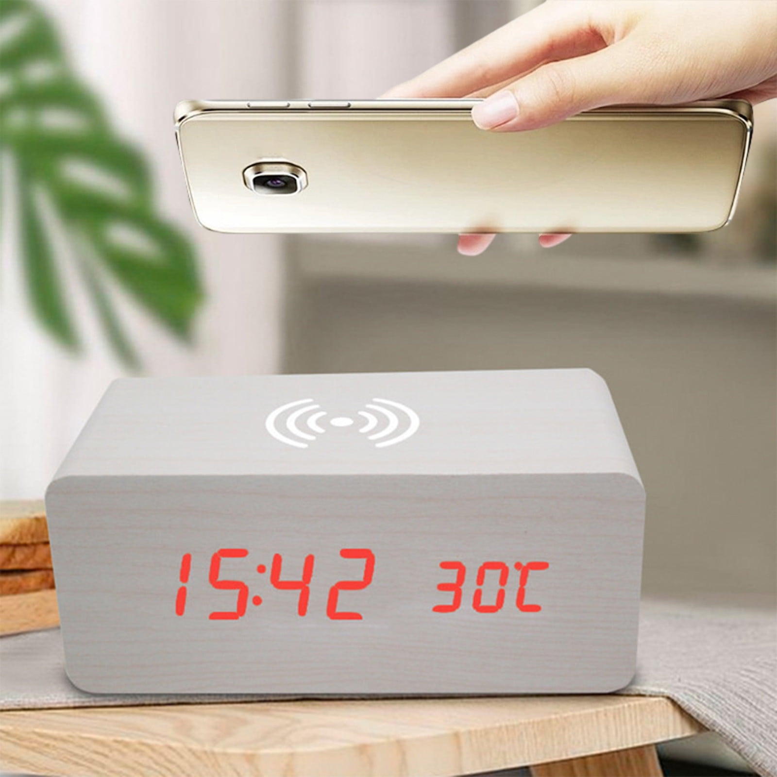 Wooden Clock LED Digital Clock Creatives Wireless Charging Electronic ...