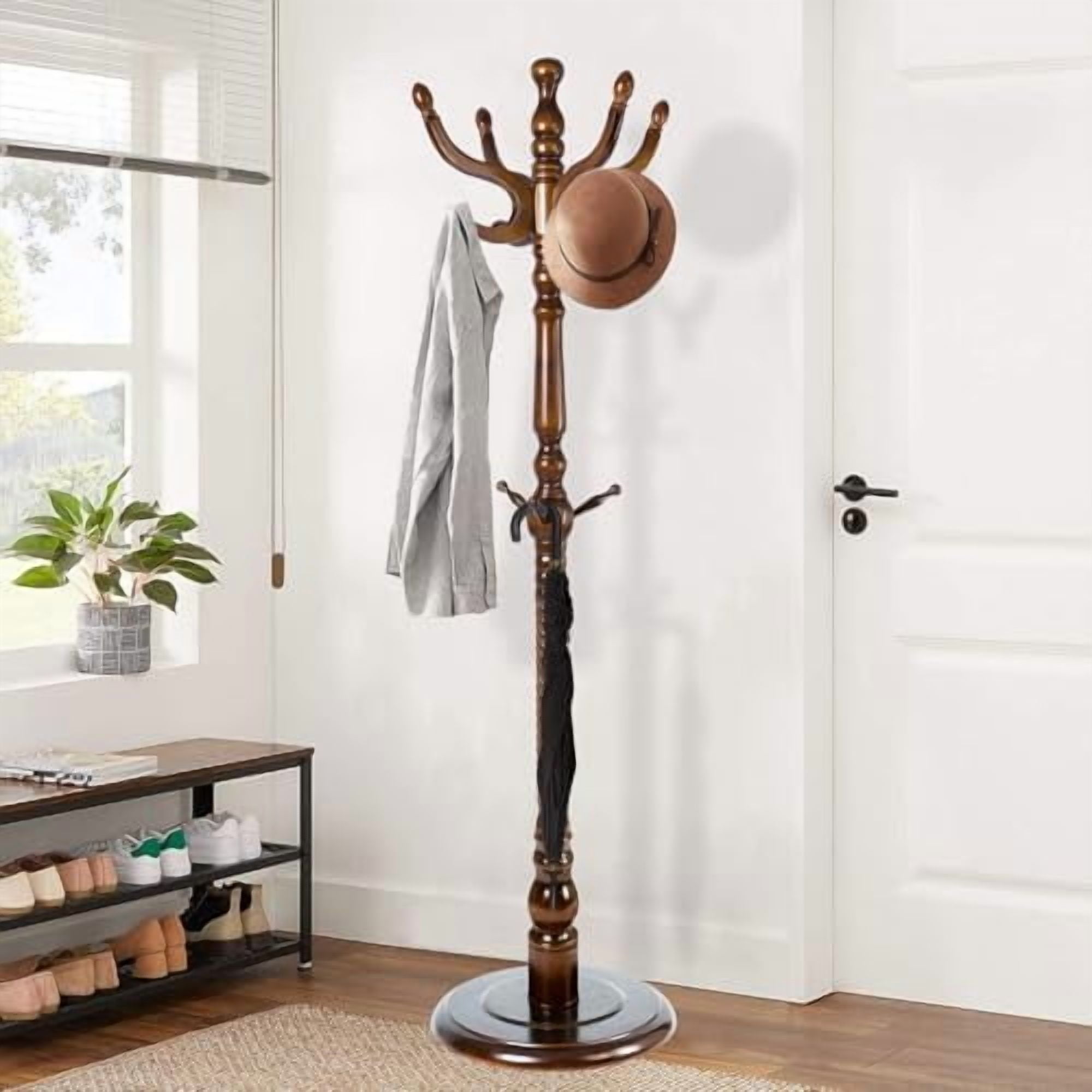 Wooden Coat Rack Freestanding, Vintage Coat Racks with Sturdy Round ...