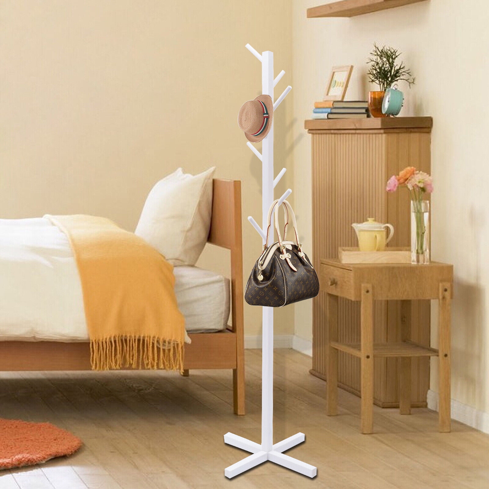 Wooden Free Standing Coat Rack Hat Hanger 8 Hook Hall Entryway Jacket ...