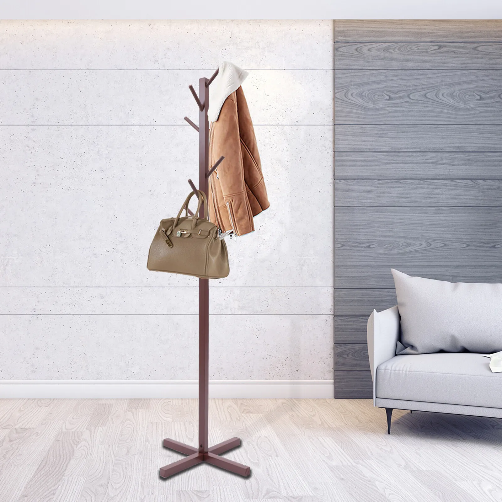 Wooden Coat Rack Stand Free Standing Tree Clothes Hanger Hat Coat Rack ...