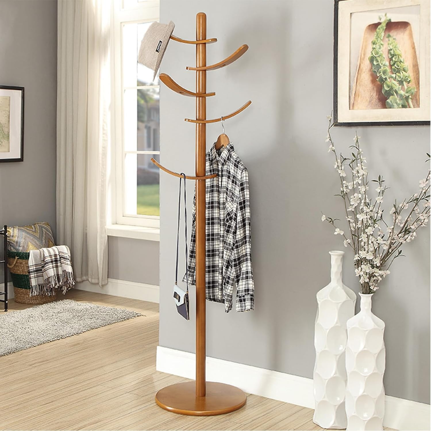 Wooden Coat Rack,Wood Coat Rack Stand with 5 Hooks,Freestanding Coat ...