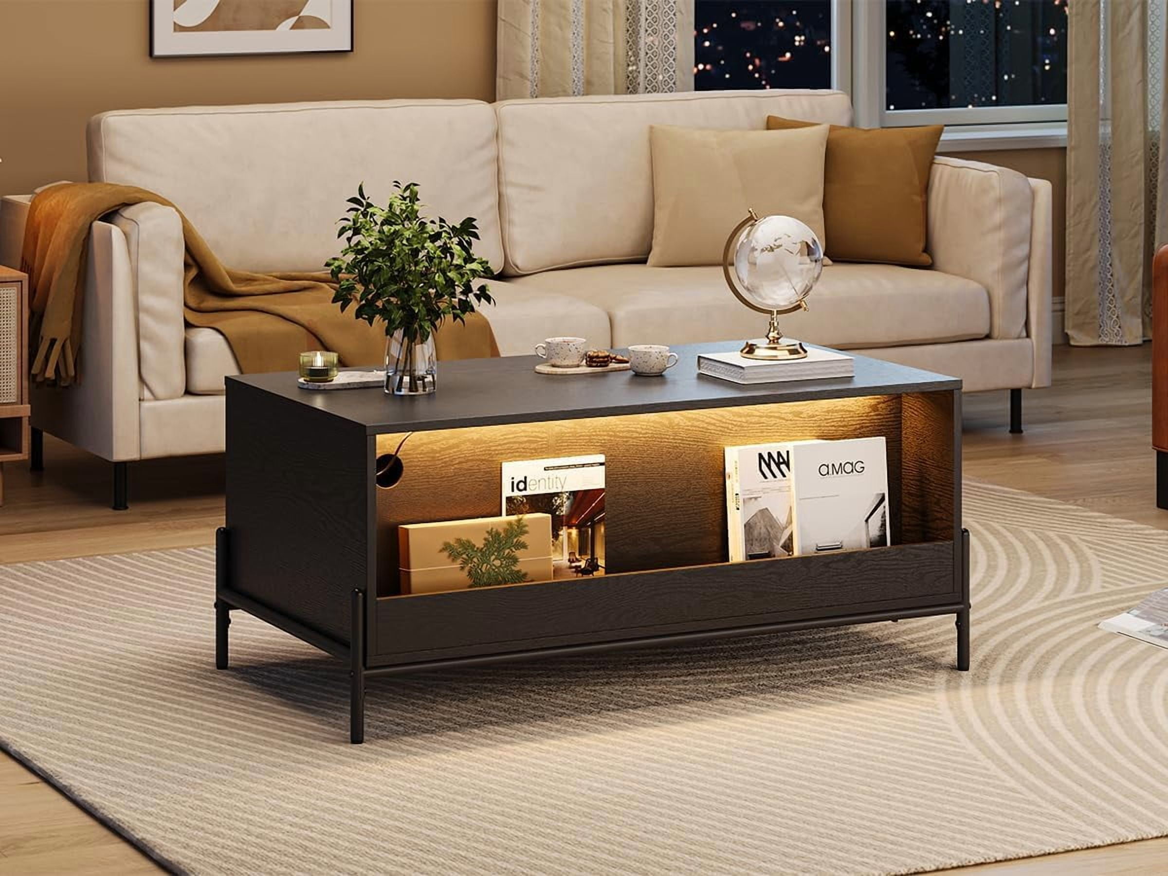 Wooden Coffee Table with Storage, Modern Farmhouse Style Square Table ...