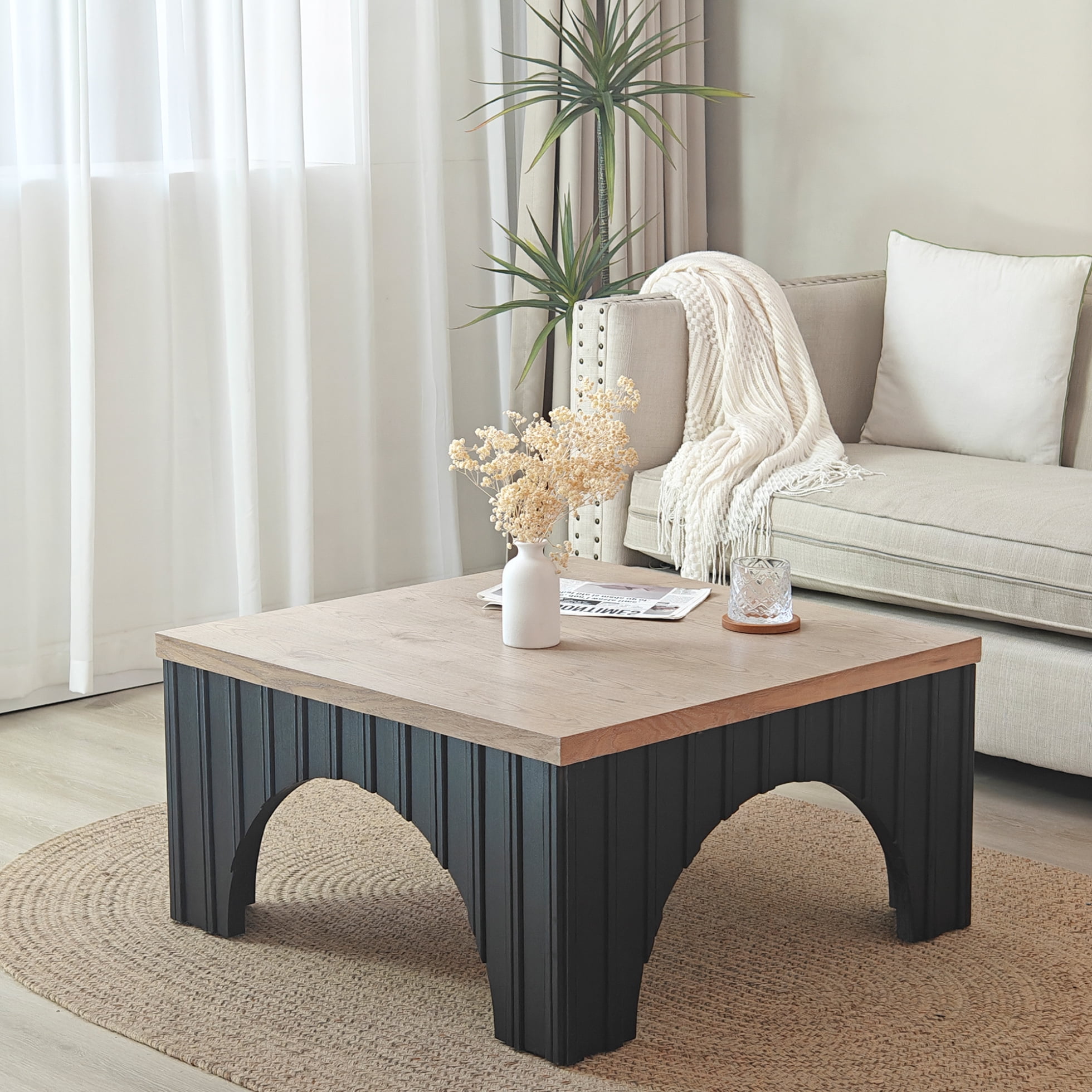 Wooden Coffee Table with Black Base, End Table with Solid Wood Top and ...