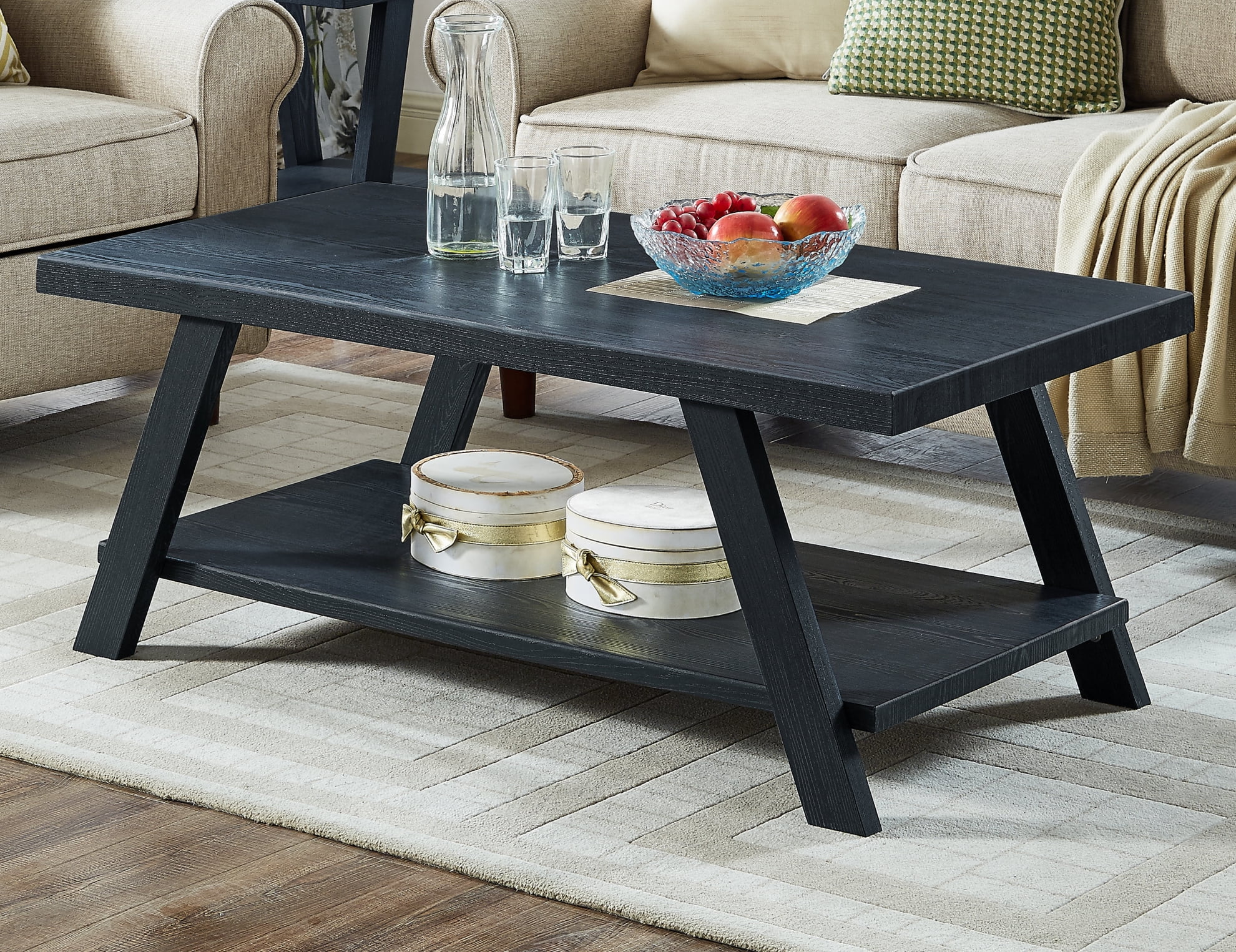 Wooden Coffee Table with Storage Dividers, Rectangular Farmhouse Style ...