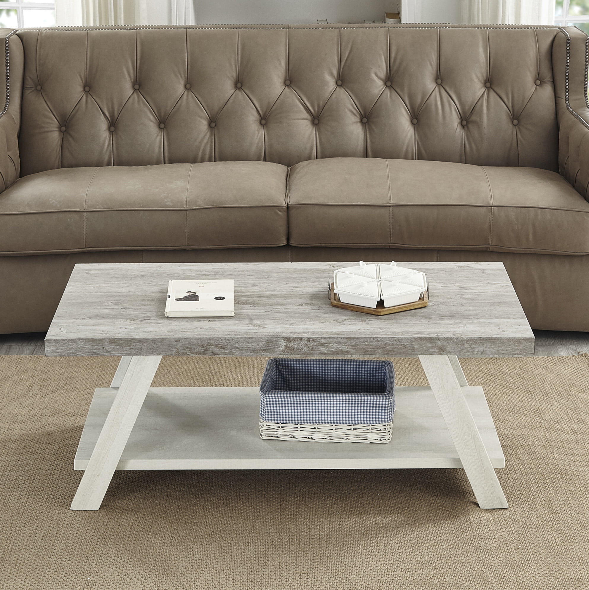 Wooden Coffee Table with Storage Dividers, Rectangular Farmhouse Style ...