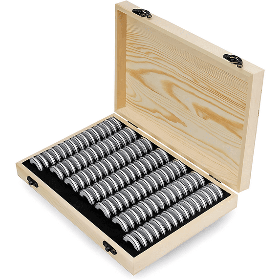 Wooden Coin Holder 100 Pcs Transparent Capsules With Foam Gasket Coin ...