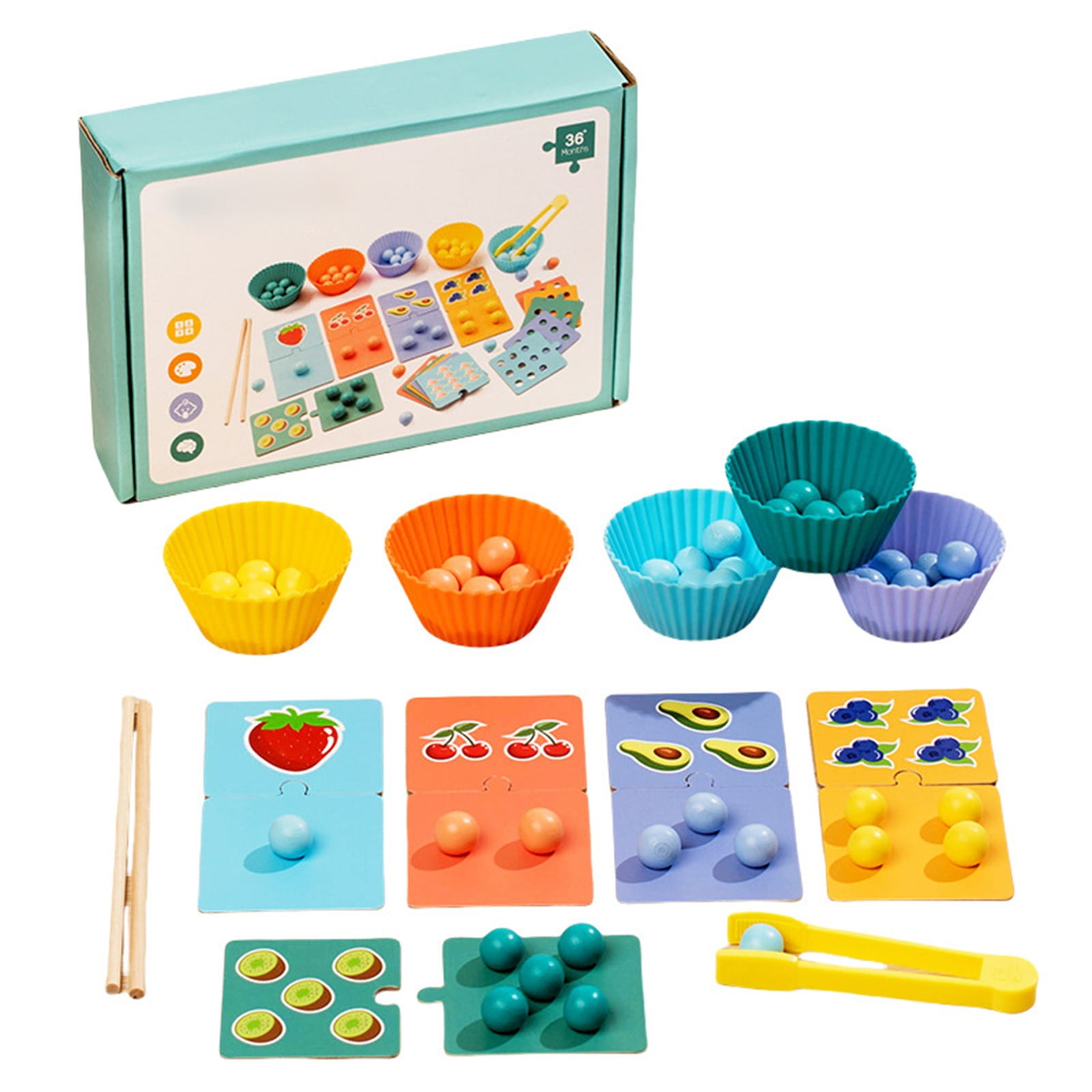 Wooden Color Sorting Counting Toy with Bowls, Balls and Cards, Fine ...