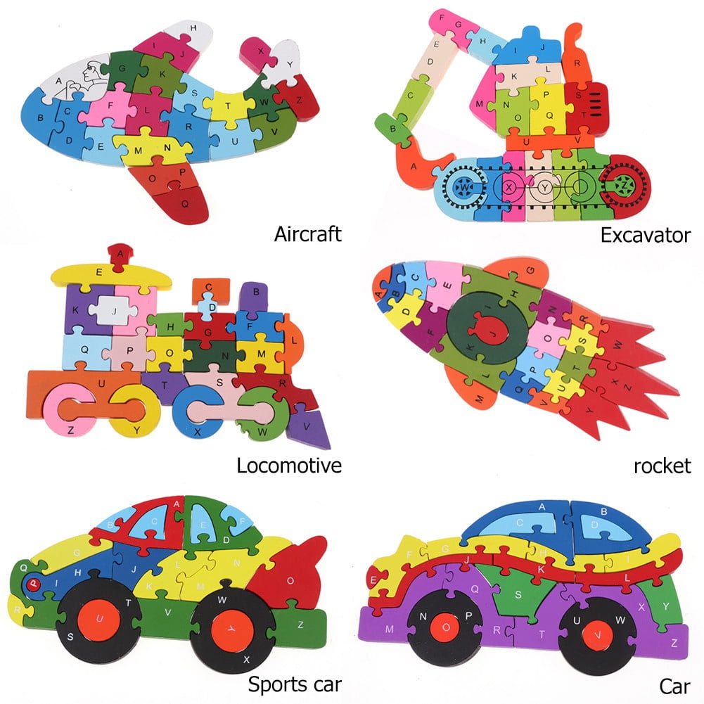Wooden Colorful Alphabet 3D Car Vehicel Model Jigsaw Puzzles Education ...
