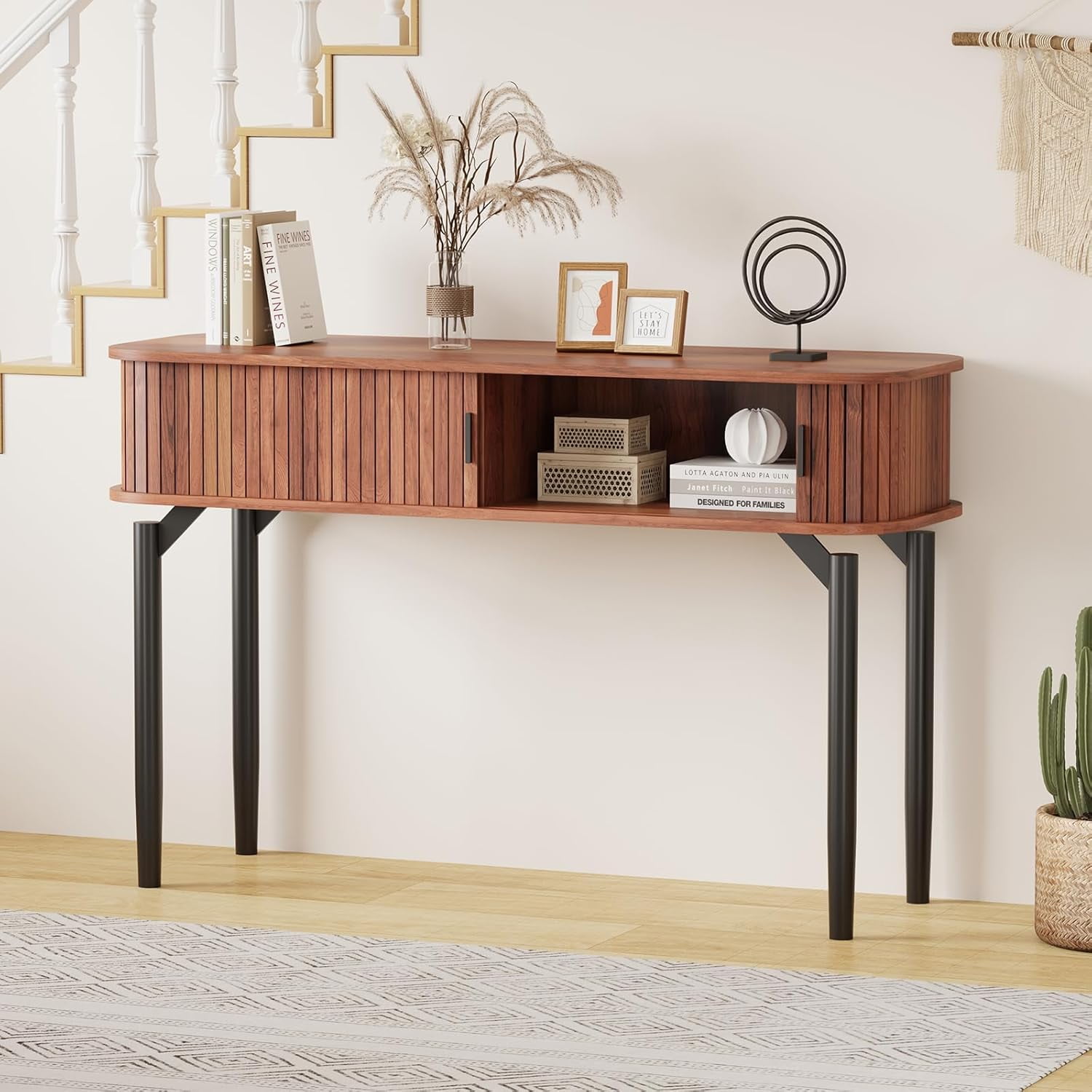 Wooden Console Table with Sliding Door Storage - Fluted Style Entryway ...