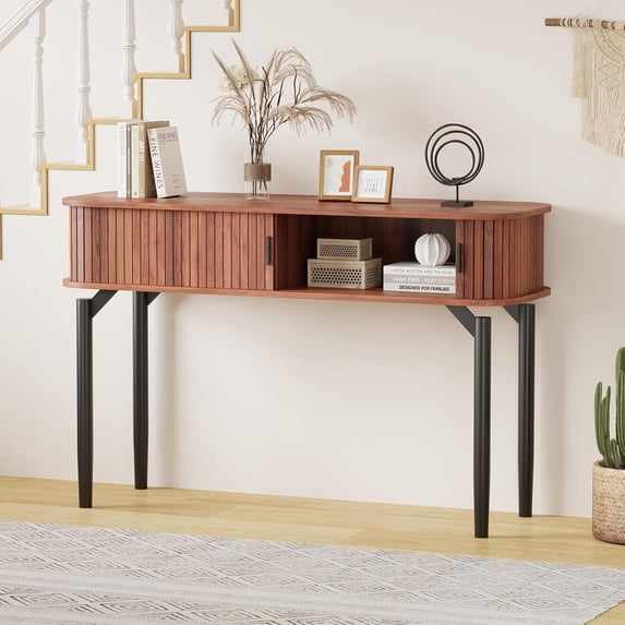 Wooden Console Table with Sliding Door Storage - Fluted Style Entryway ...