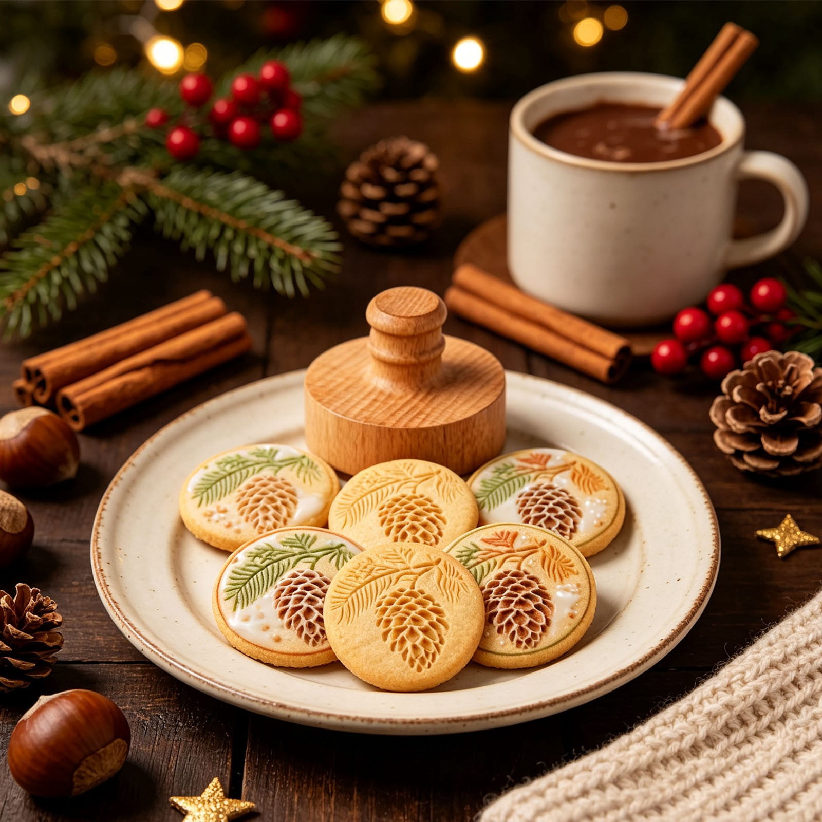 Wooden Cookie Stamp, Carved Embossing Press Mold with Handle, Festive ...