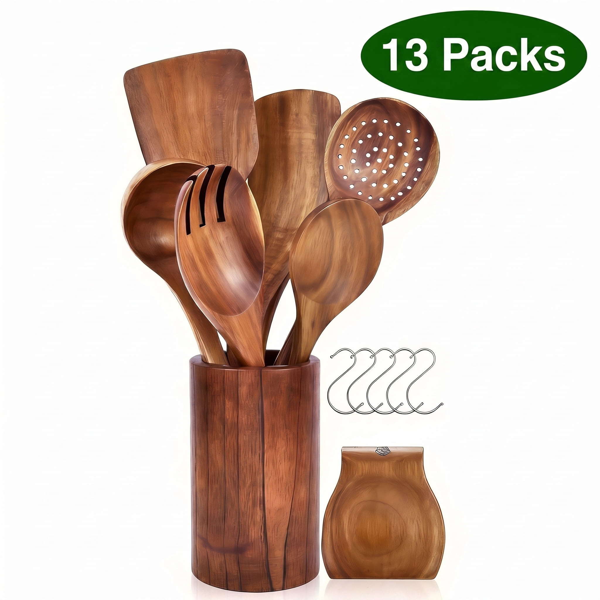 13Pcs Wooden Utensil Set with Holder, AOKIWO Natural Teak Wood Kitchen ...