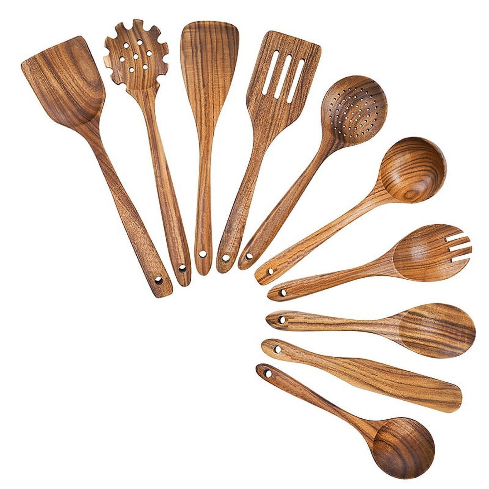 Wooden Cooking Utensils, Kitchen Utensils Set with Holder Teak Wood ...