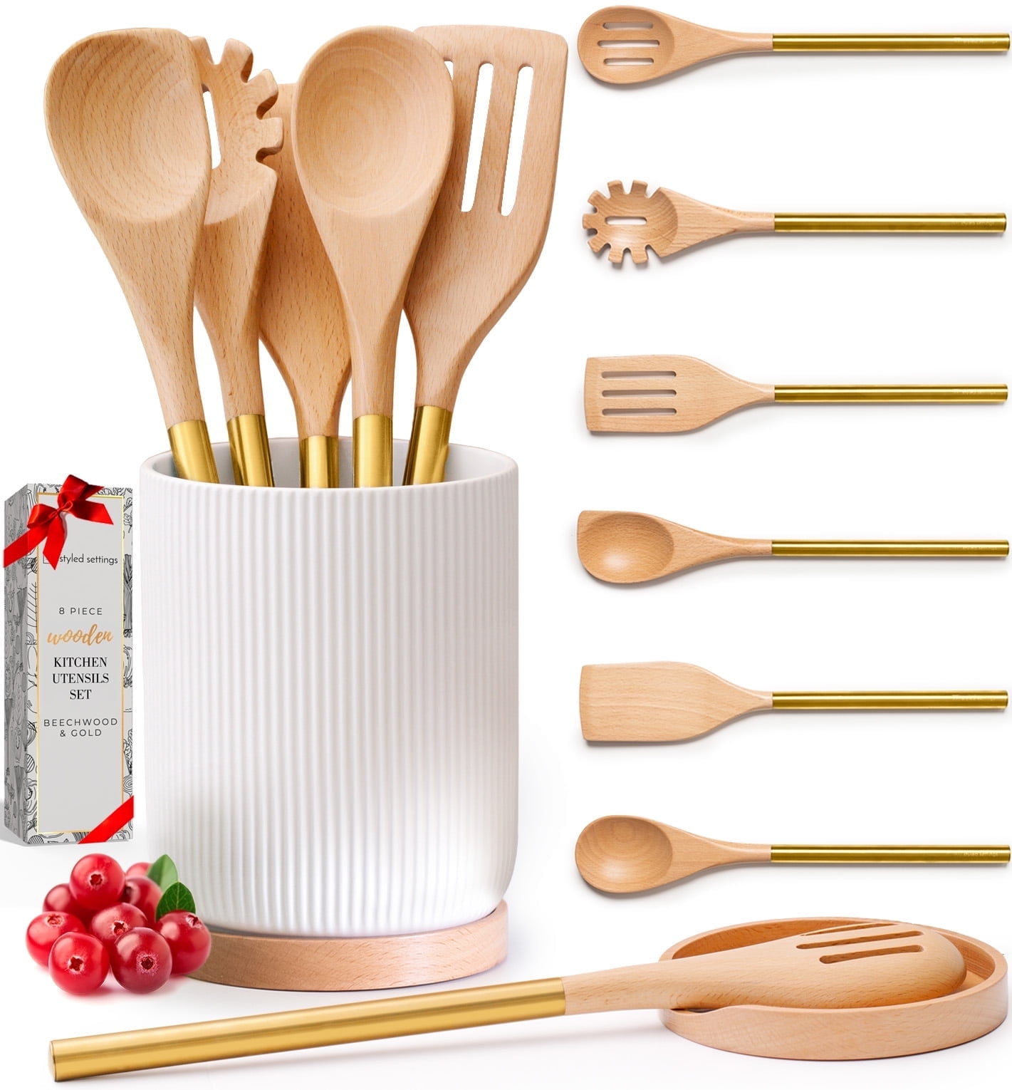 Wooden Cooking Utensils Set – 8 PC Set Includes Wood and Gold Kitchen ...
