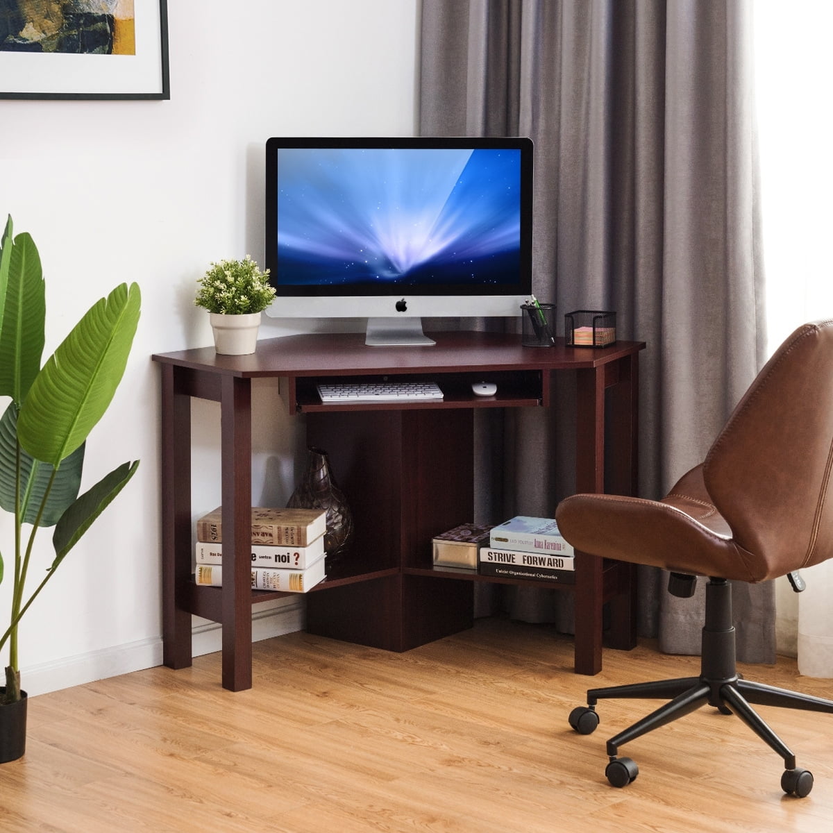 Wooden Corner Computer Desk with Drawer Office Study Table Brown ...