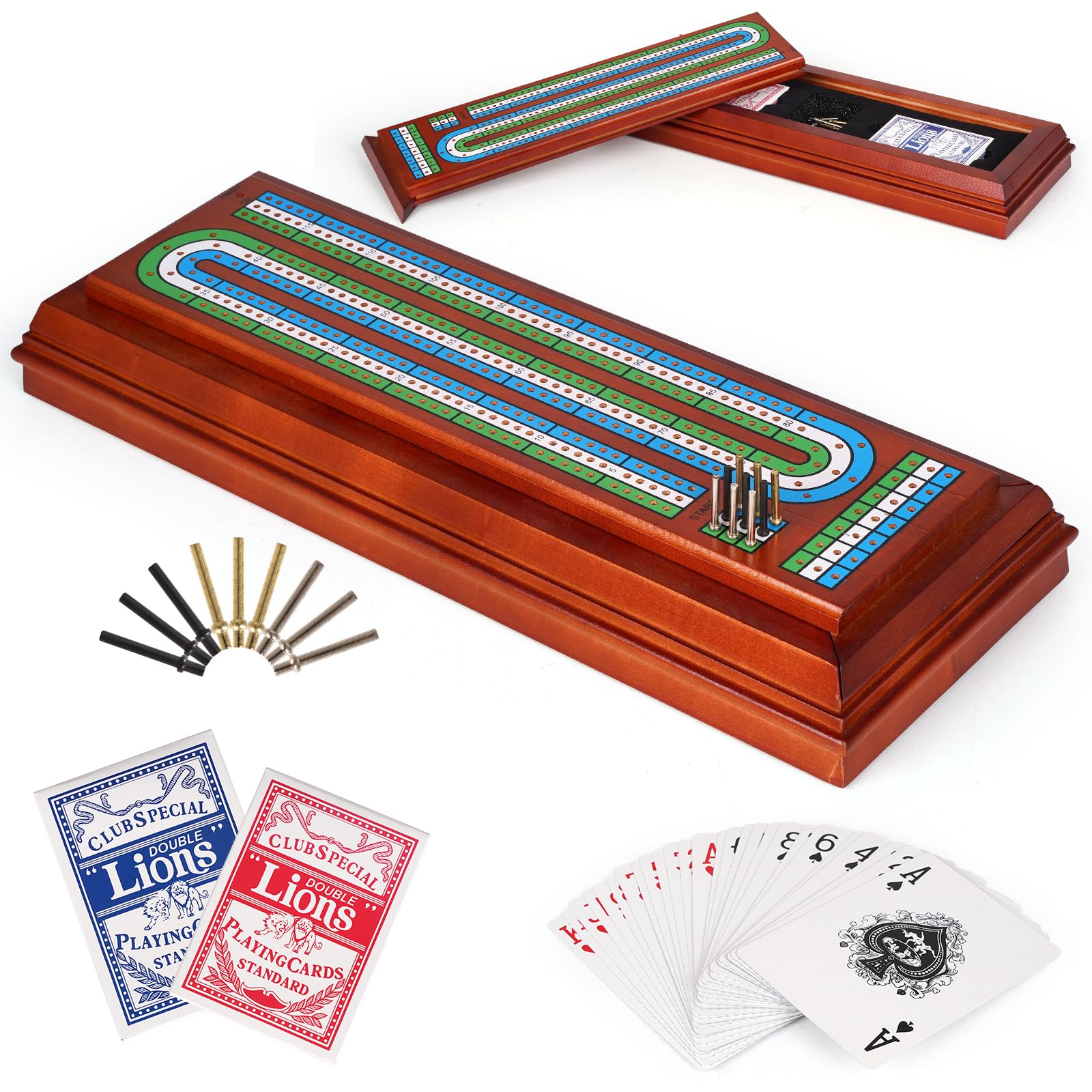 Wooden Cribbage Board Game Set with Cards and Metal Pegs, 3 Track ...