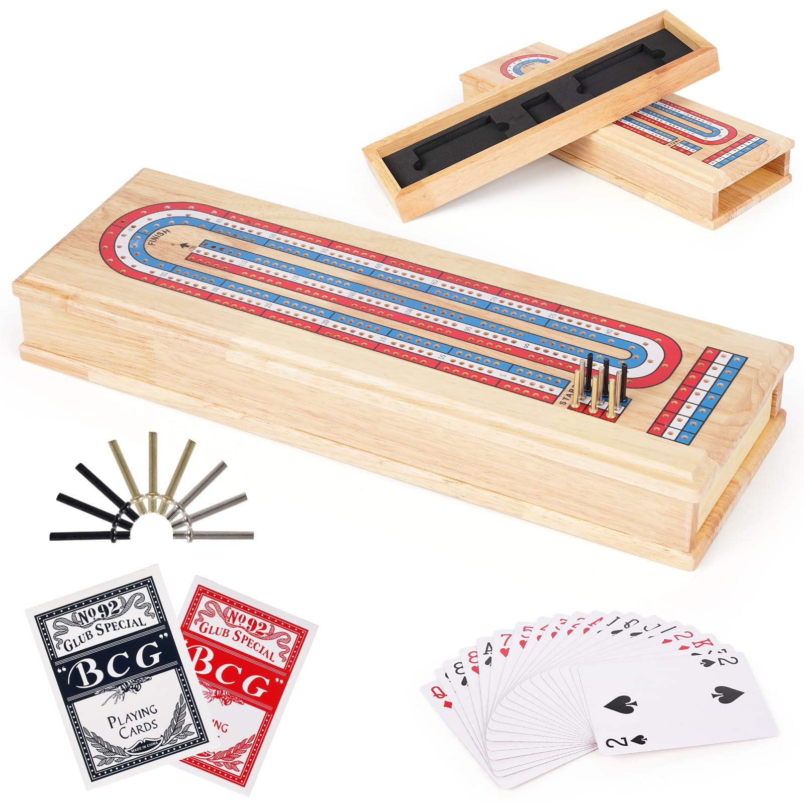 Wooden Cribbage Board Game Set, Premium Wooden Board with with Storage Drawer and Metal Pegs ...