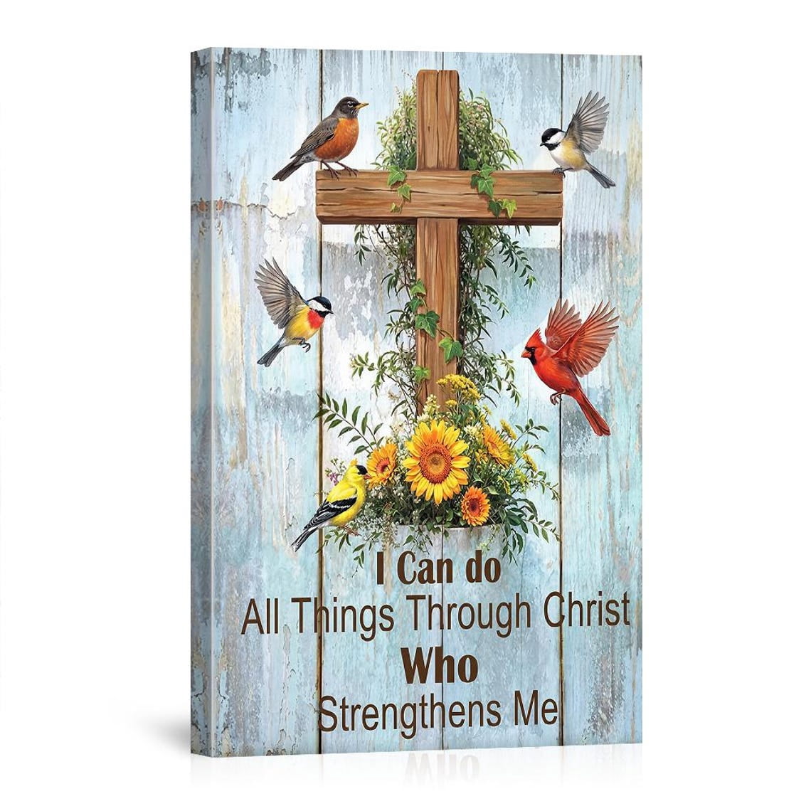 Wooden Cross With Sunflowers And Colorful Birds I Can Do All Things ...