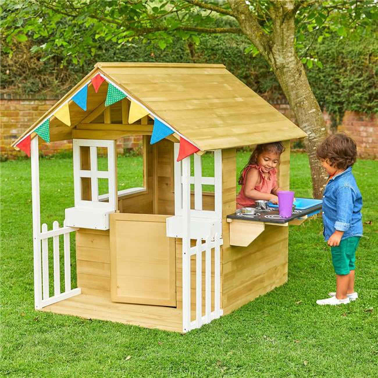 Wooden Cubby House with Veranda & Kitchen, Treated Natural Wood ...