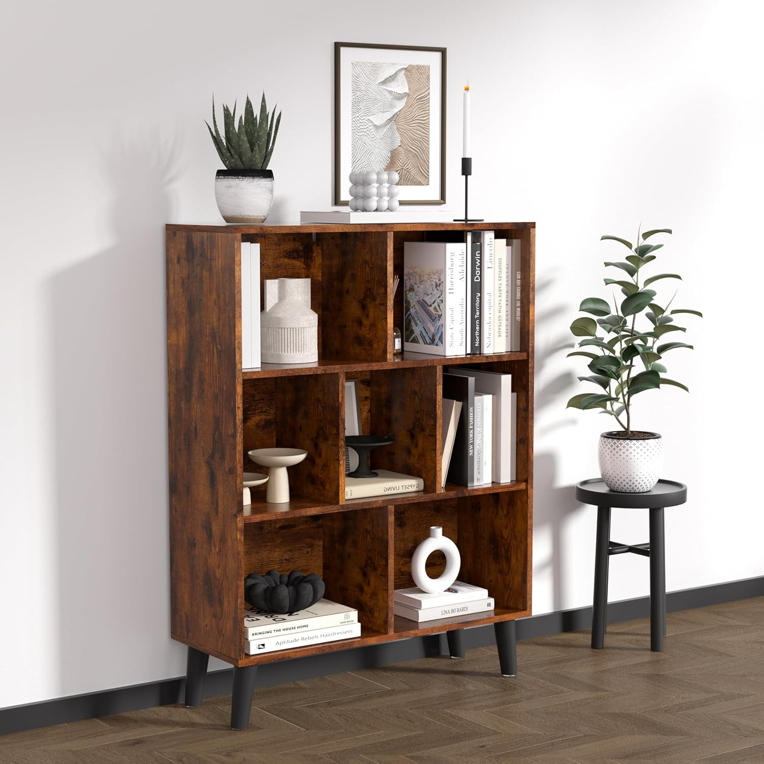 Wooden Cube Book Shelf with Legs,3 Tier Bookshelf, Open Bookcase Cube ...
