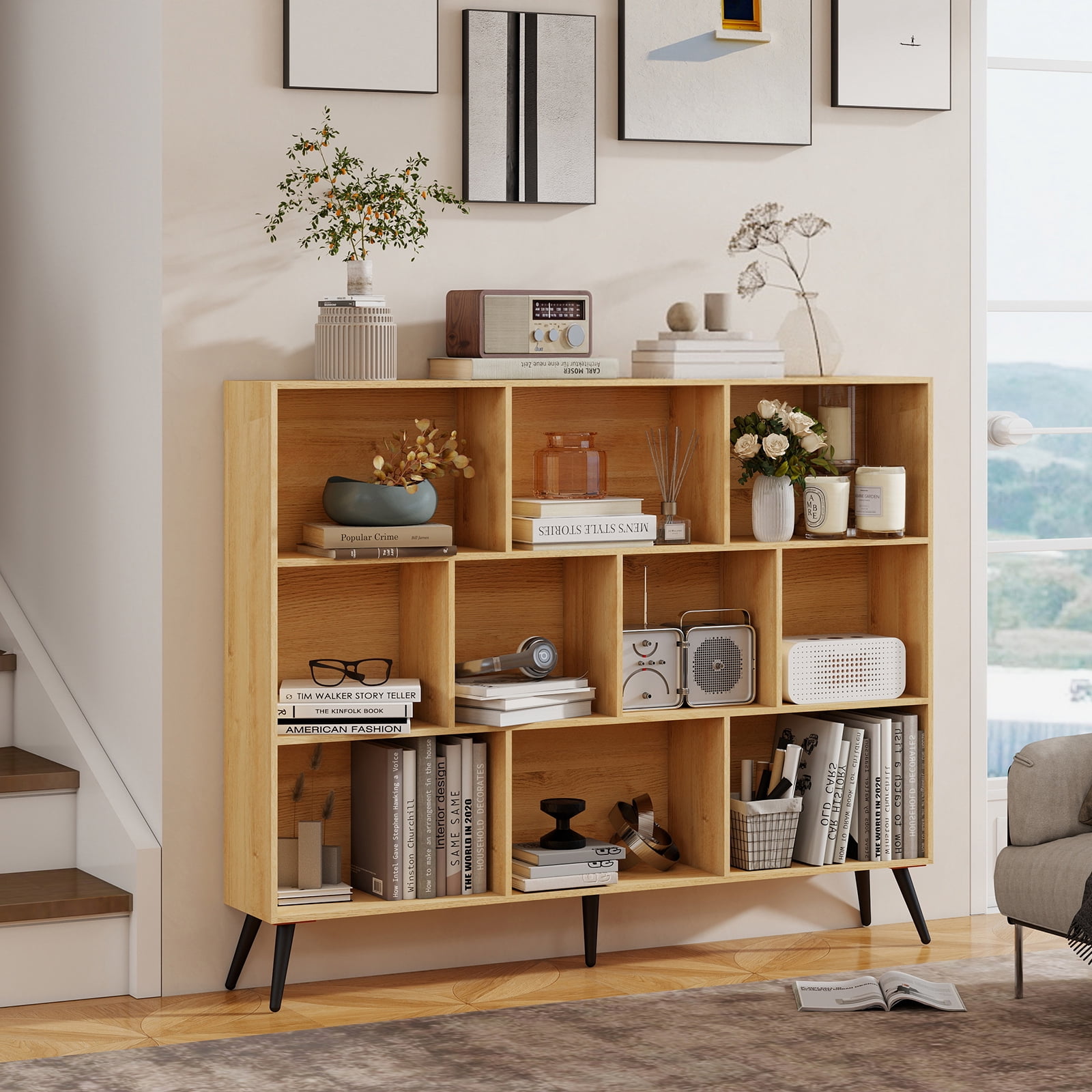 Wooden Cube Bookshelf,Mid-Century Modern 3-Tier Bookcase with Legs ...