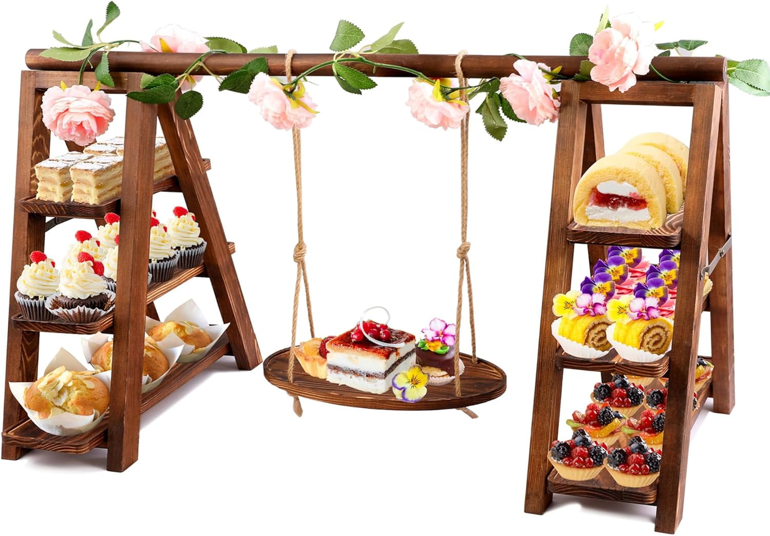 Wooden Cupcake Stand, Large Swing Cupcake Stand with Flower Decor ...